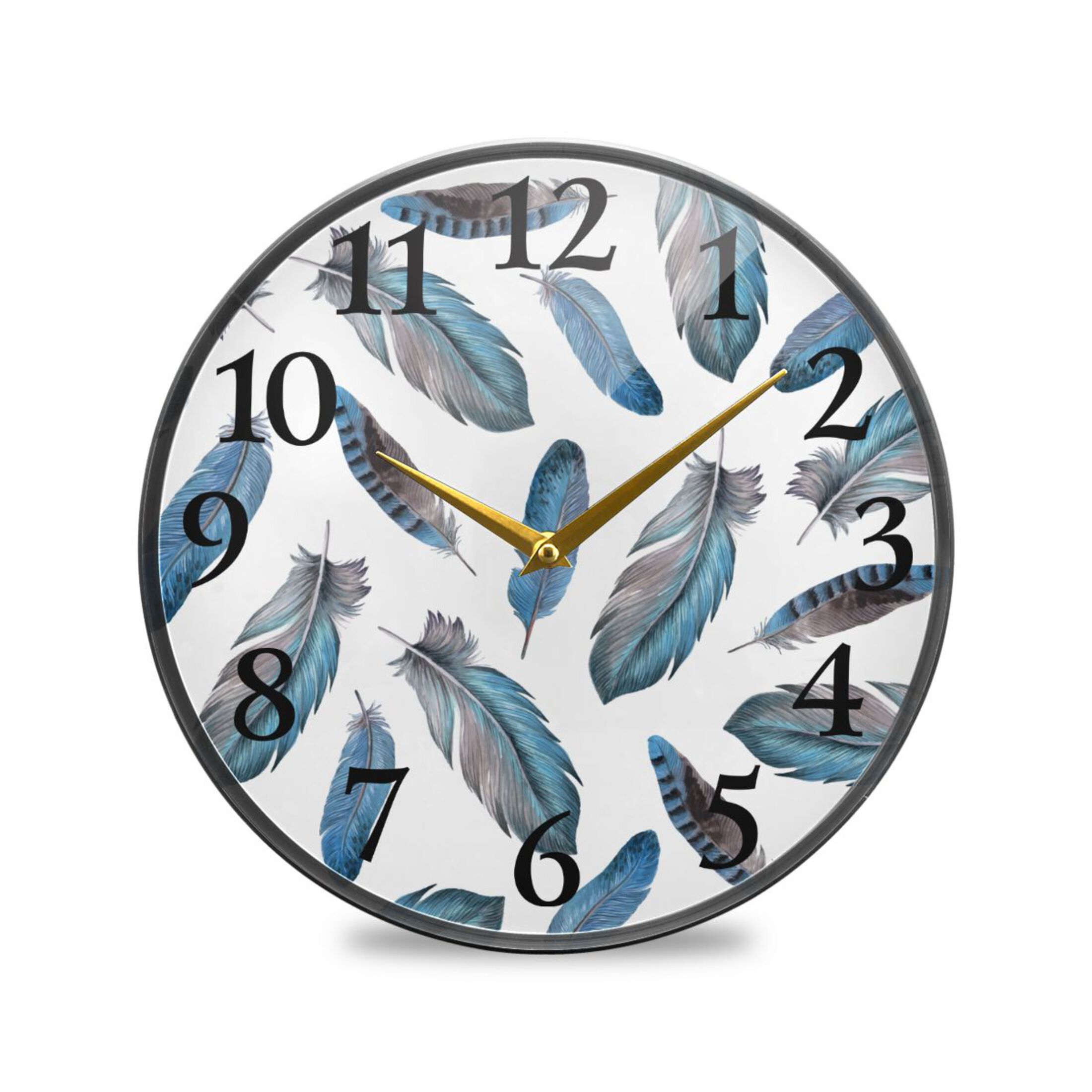 Feathers Blue Wall Clocks Battery Operated 11.9 Inch Round Clock ...