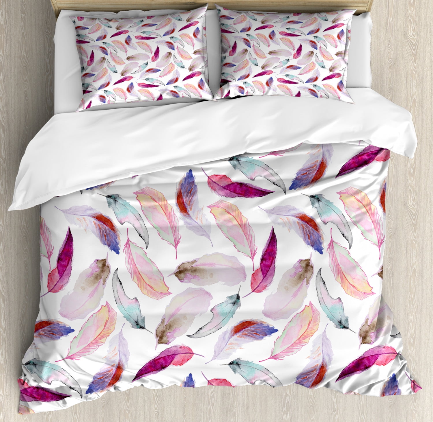 Feathers Duvet Cover Set Queen Size, Mix Feather Motifs in Romantic ...