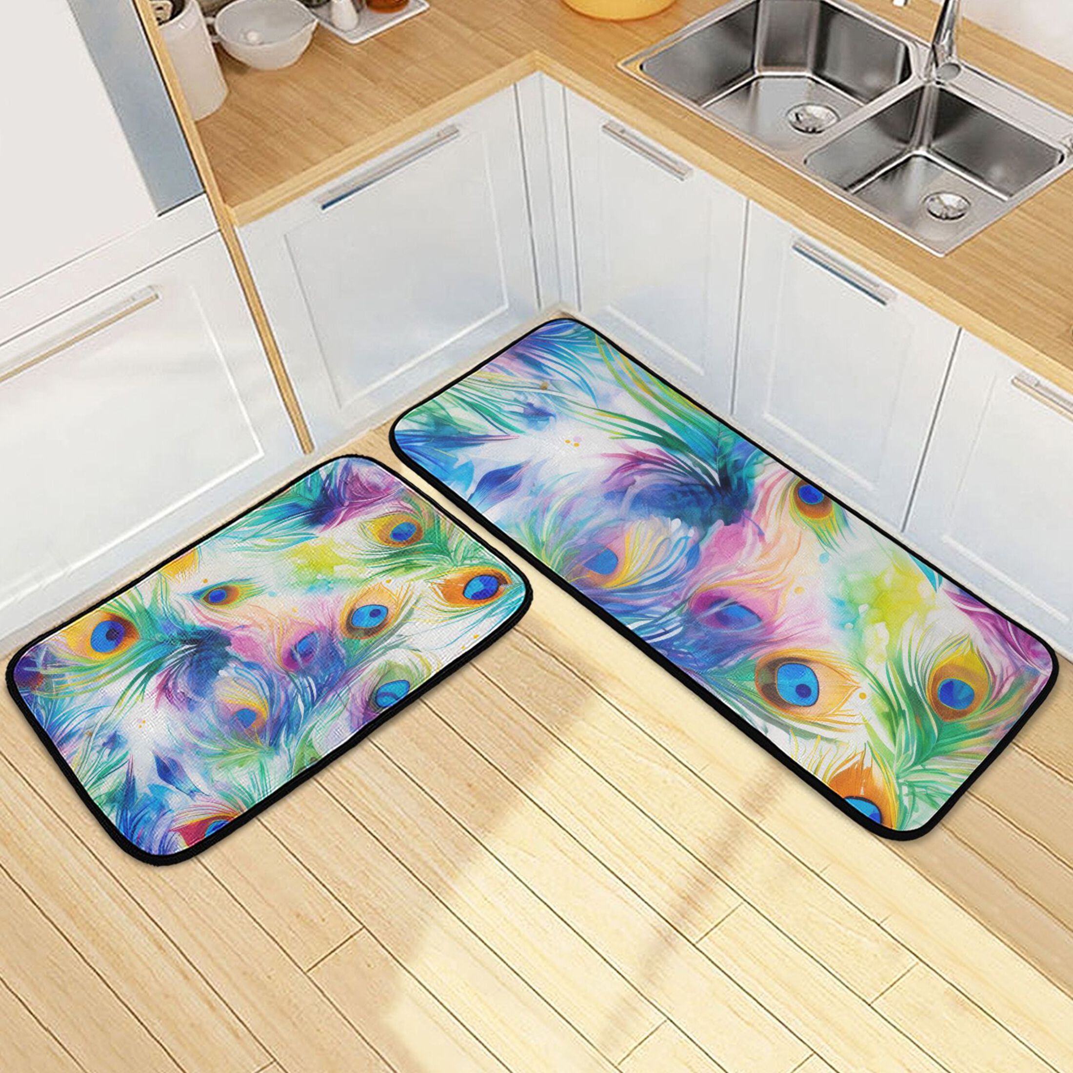 Feathers Kitchen Rugs Set of 2 Non Slip Floor Foam Mat Cushioned Soft ...