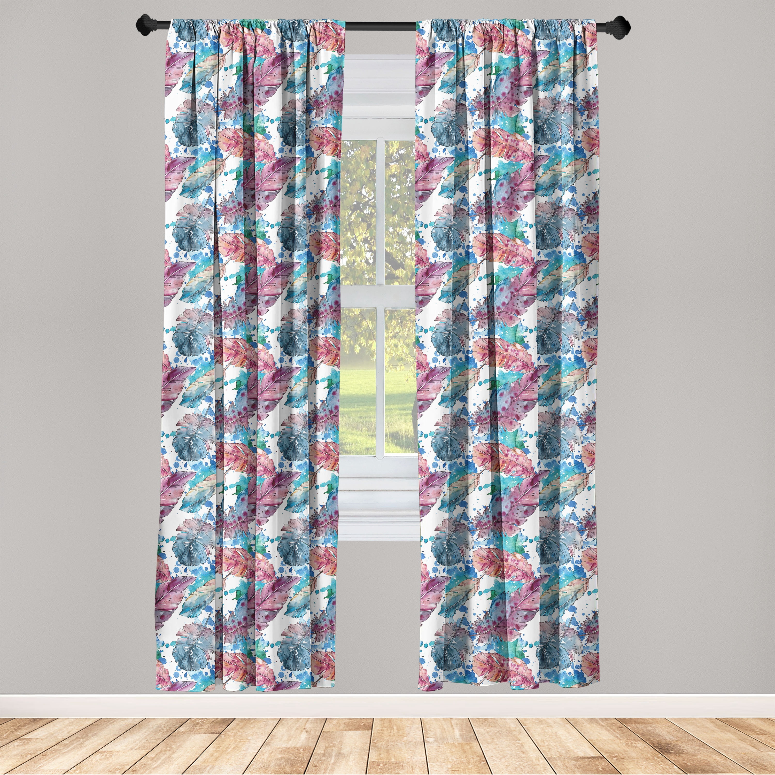 Feathers Window Curtains, Watercolor Modern Boho Motif with Splash of ...