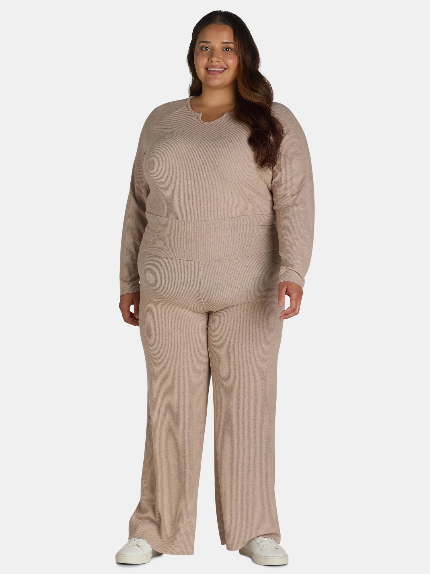 Feathers Women's Plus Hacci Ribbed Knit Top and Wide Leg Pants Set, 2-Piece, 1X-3X - Walmart.com