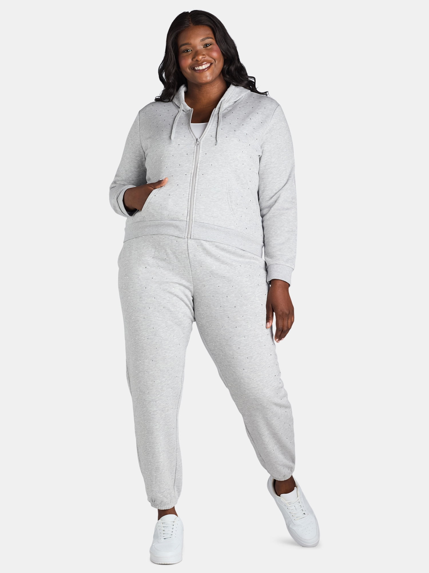 Feathers Women’s Plus Rhinestone Embellished Zip Hoodie and Joggers Set ...