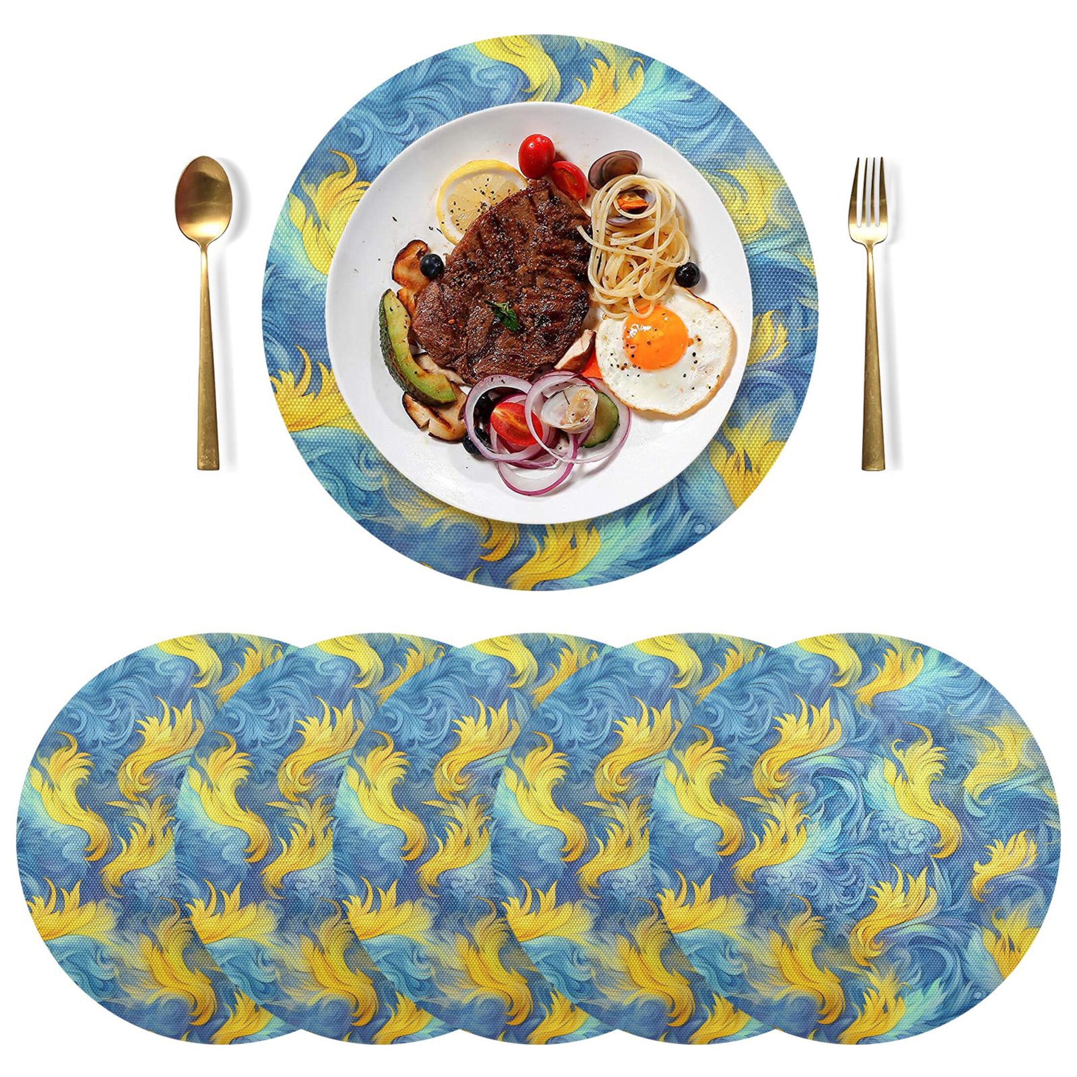 Feathers Yellow and Blue Round Plate Mats Non-Slip Place Mat Washable ...