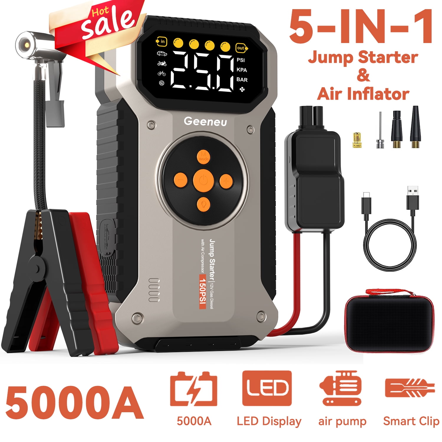 Featou Jump Starter with Air Compressor, 5000A Peak Jump Box Starter ...
