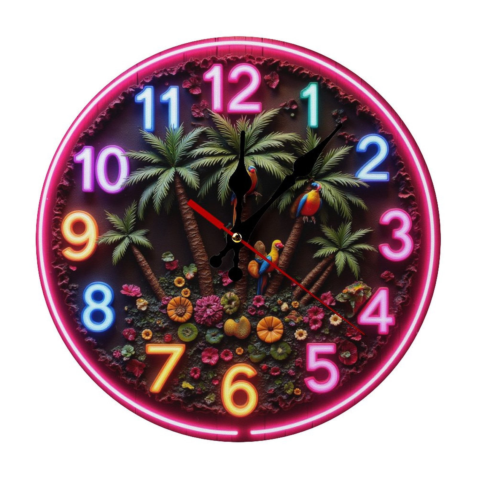 Features a tropical scene with palm trees, colorful birds, and neon ...