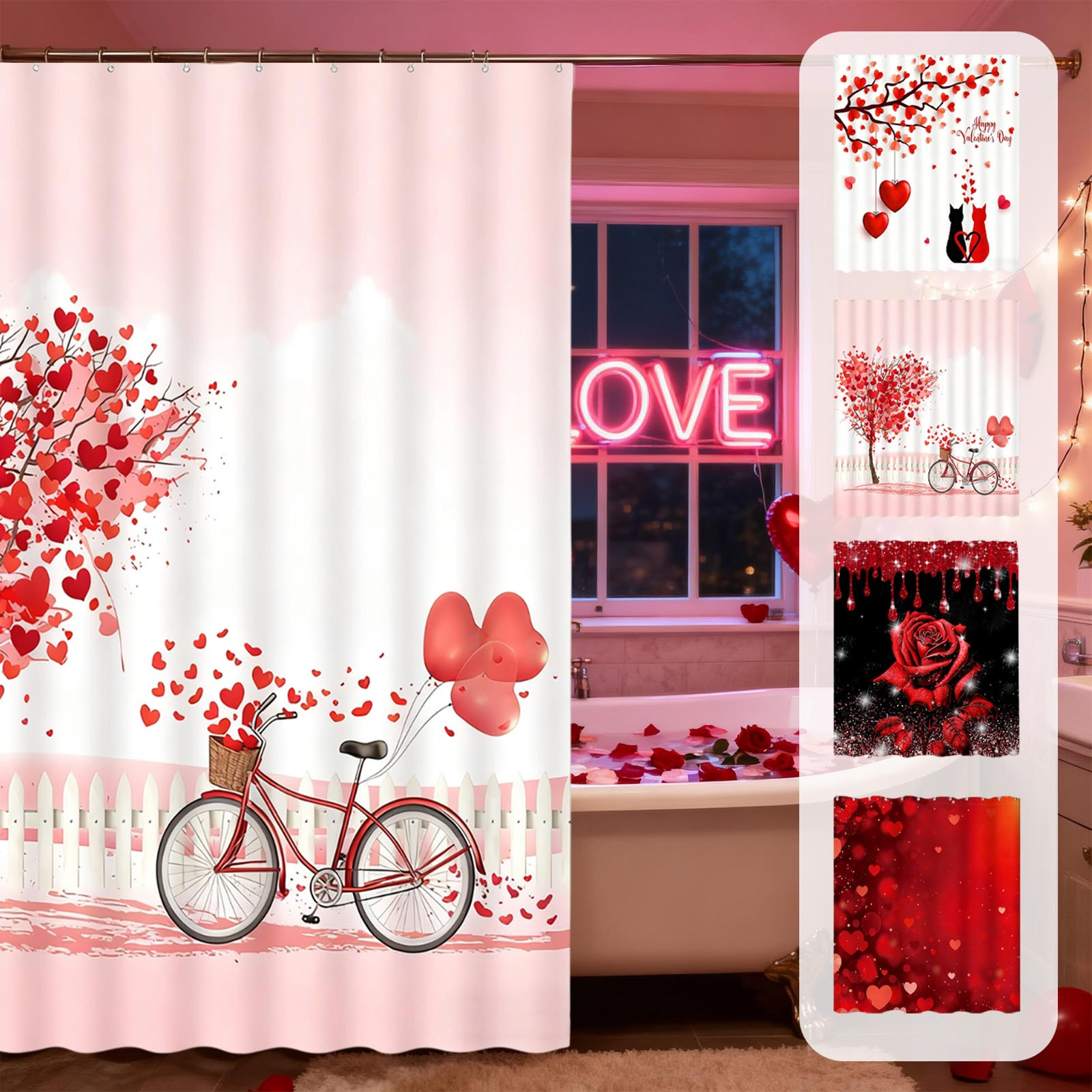 February 14 Valentine's Day Shower Curtain with Hooks,Heart-Shaped Rose ...