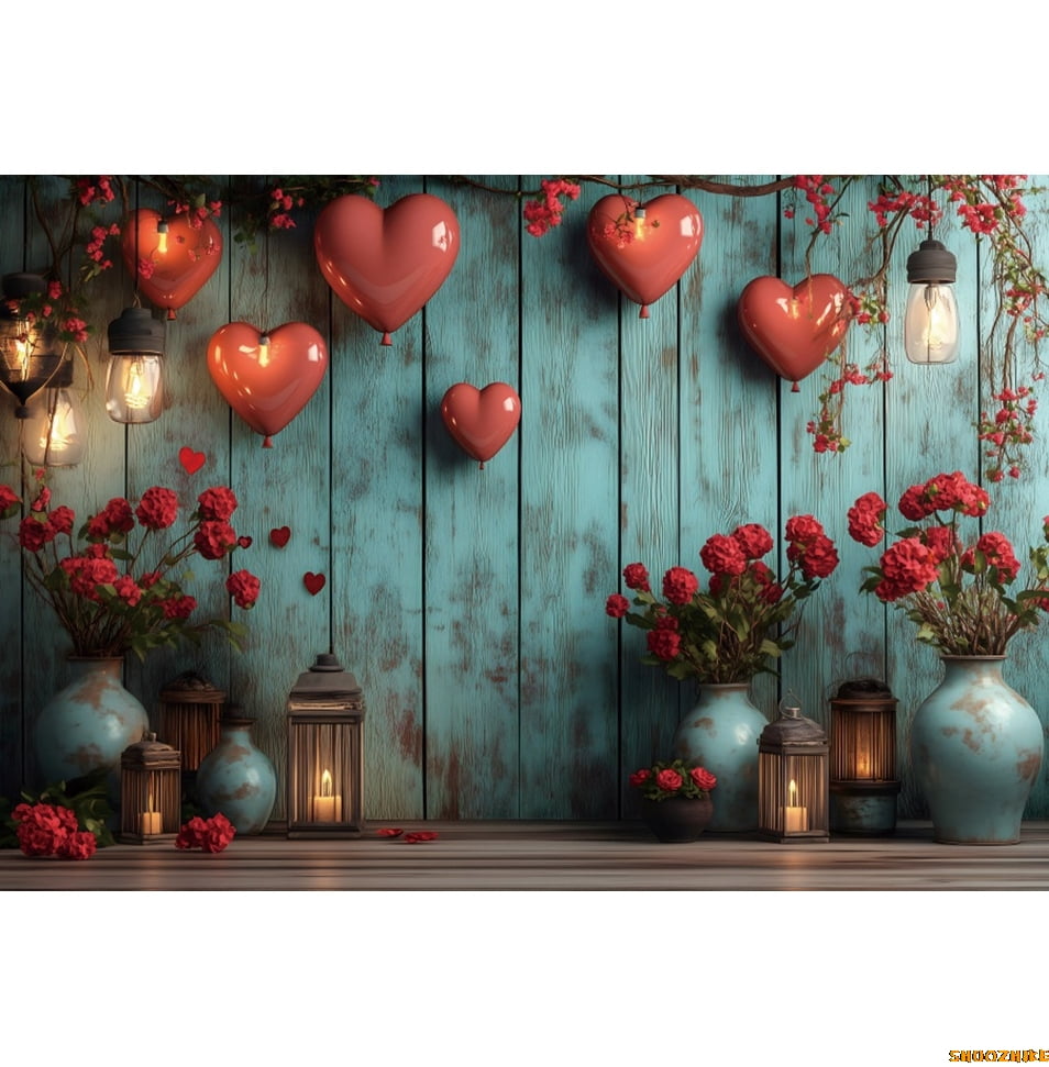 February 14 Valtine's Day Backdrop tic Sces Red Love Heart Blue Wood ...