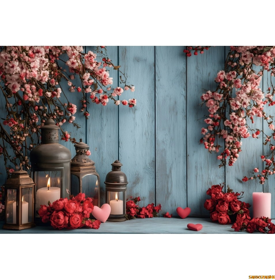February 14 Valtine's Day Backdrop tic Sces Red Love Heart Blue Wood ...