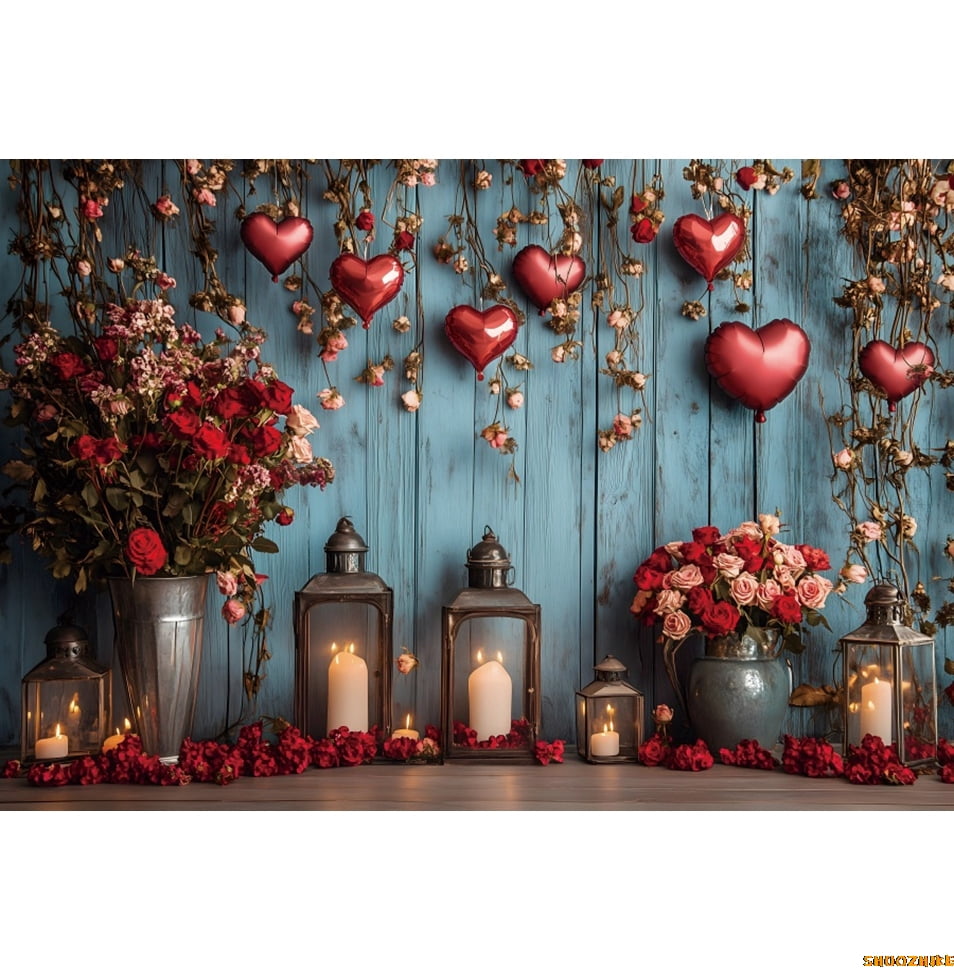 February 14 Valtine's Day Backdrop tic Sces Red Love Heart Blue Wood ...