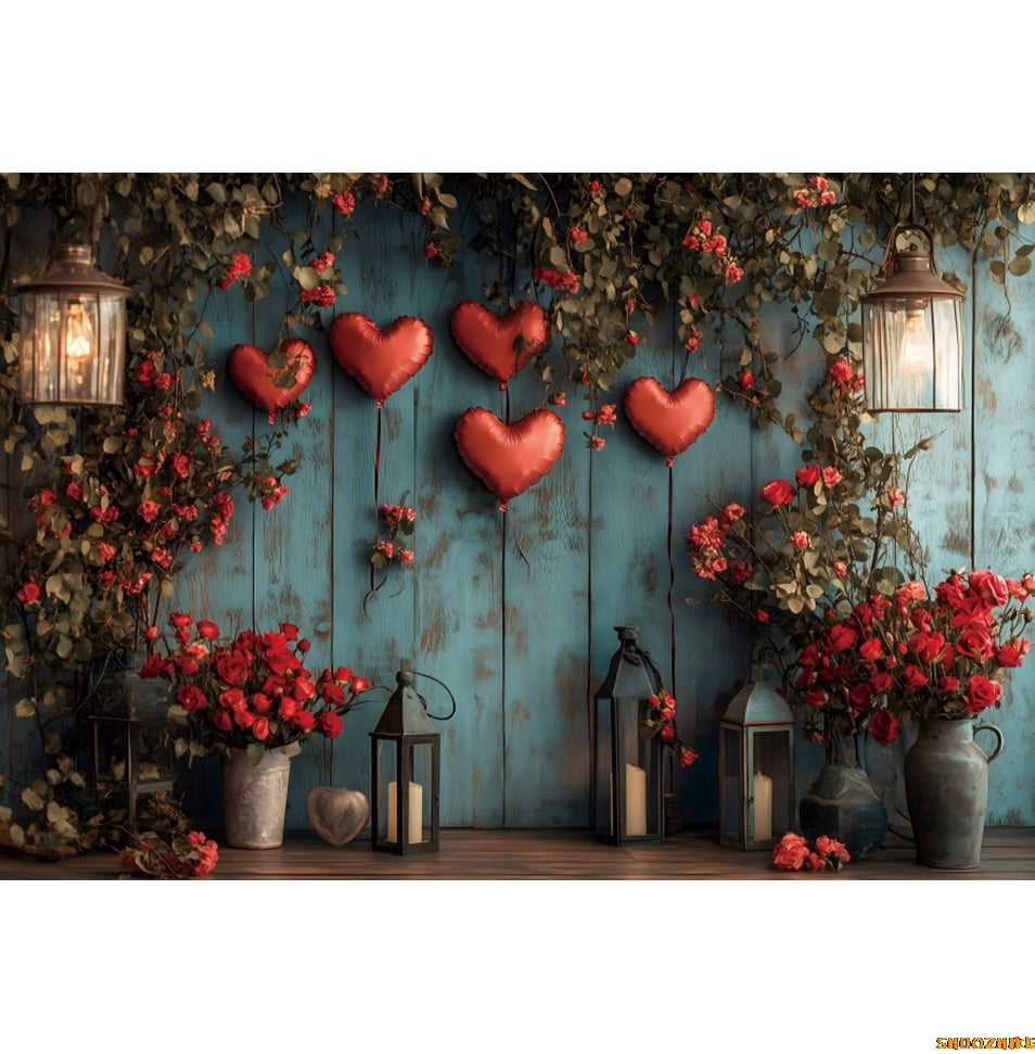 February 14 Valtine's Day Backdrop tic Sces Red Love Heart Blue Wood ...