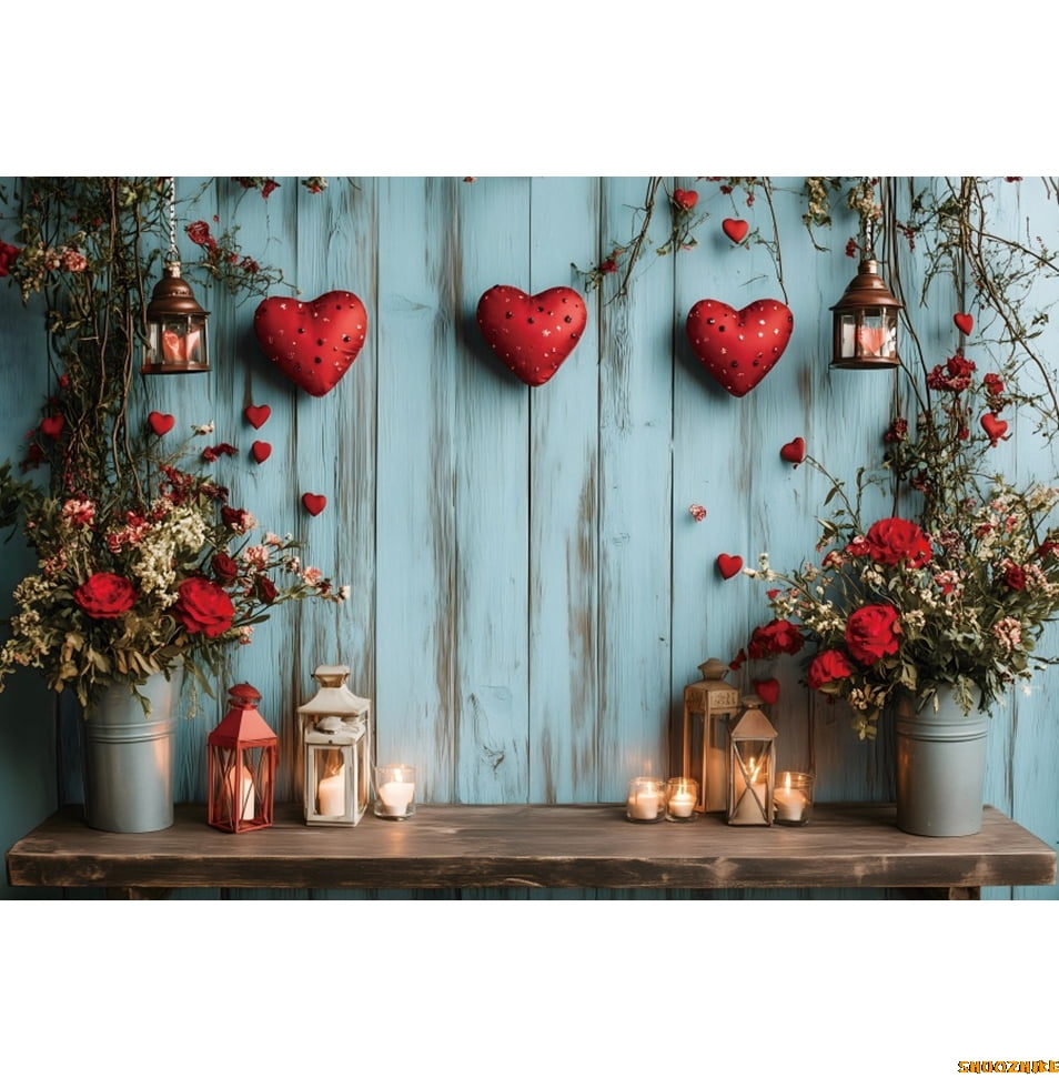 February 14 Valtine's Day Backdrop tic Sces Red Love Heart Blue Wood ...