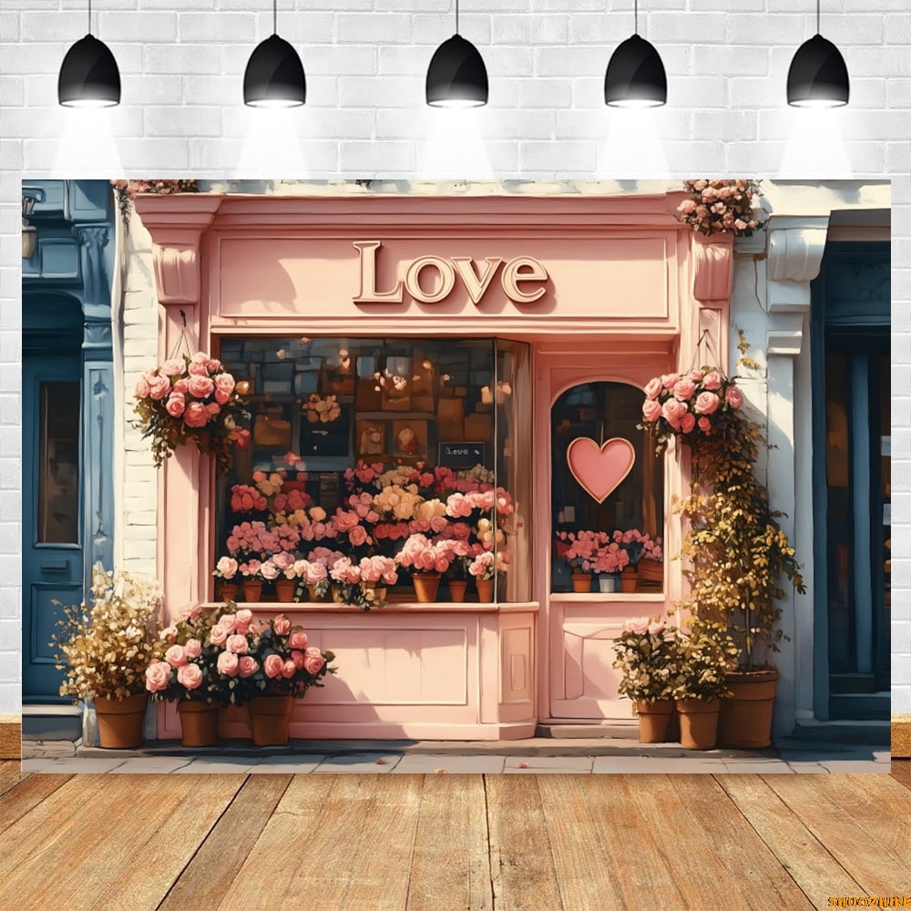 February 14th Valtine's Day Flower Shop Backdrop Love Heart Pink Rose ...