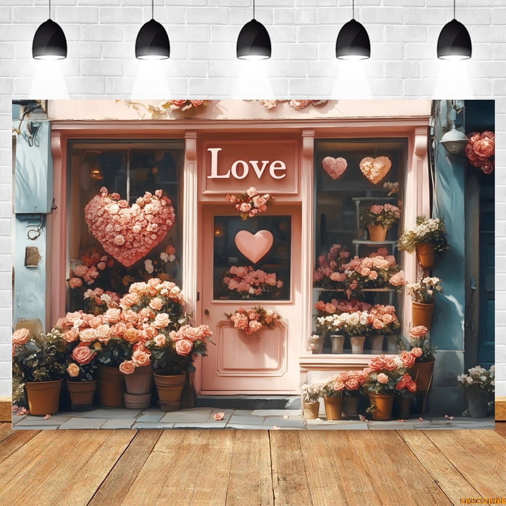 February 14th Valtine's Day Flower Shop Backdrop Love Heart Pink Rose ...