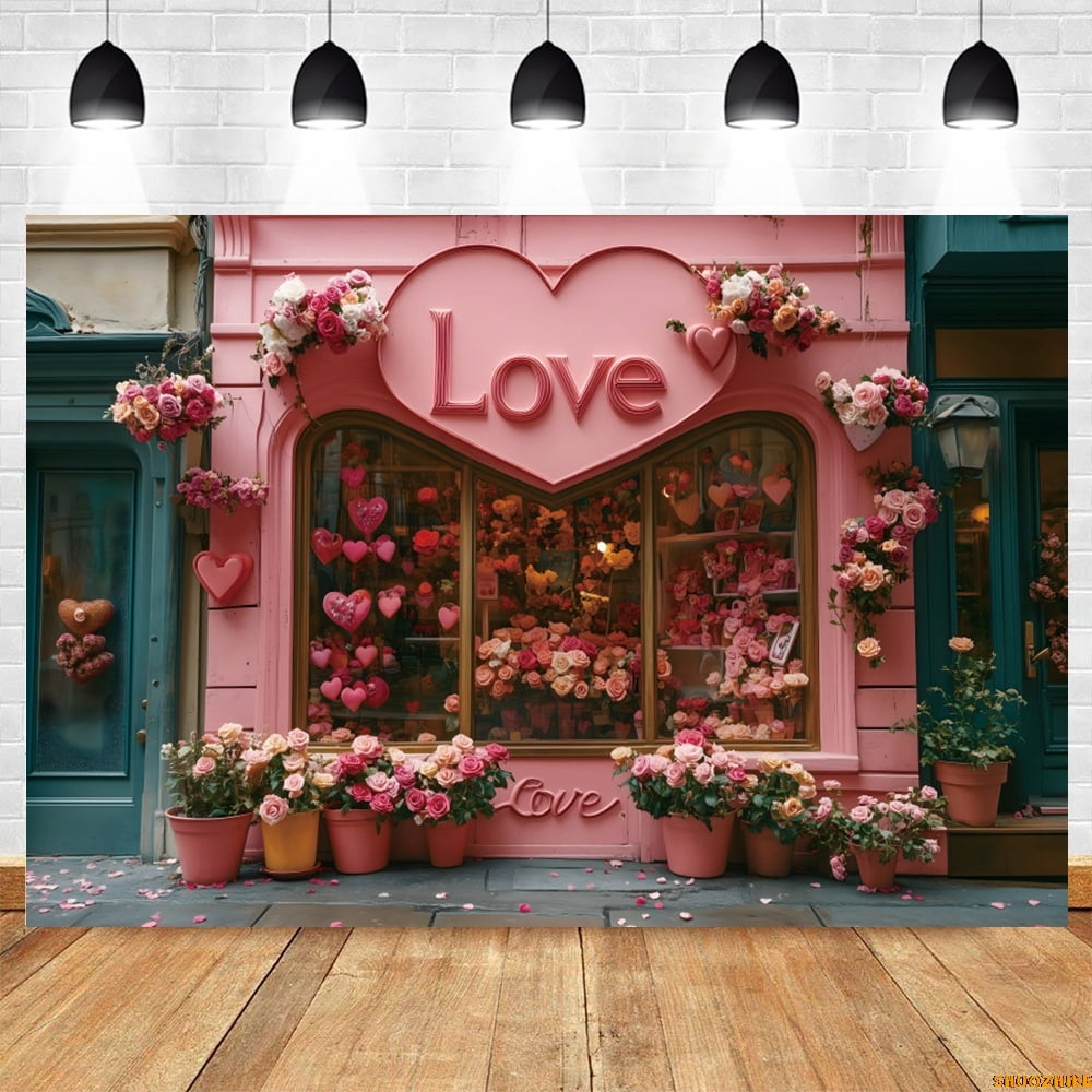 February 14th Valtine's Day Flower Shop Backdrop Love Heart Pink Rose ...