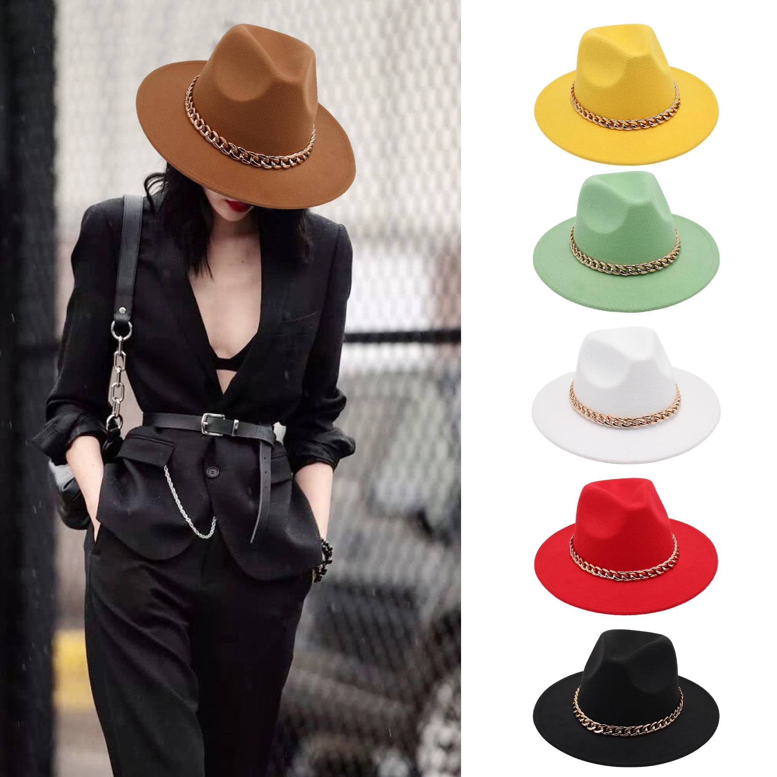 Fedora Hats for Women Men, Wide Brim Thick Gold Chain Band Felted Hat ...