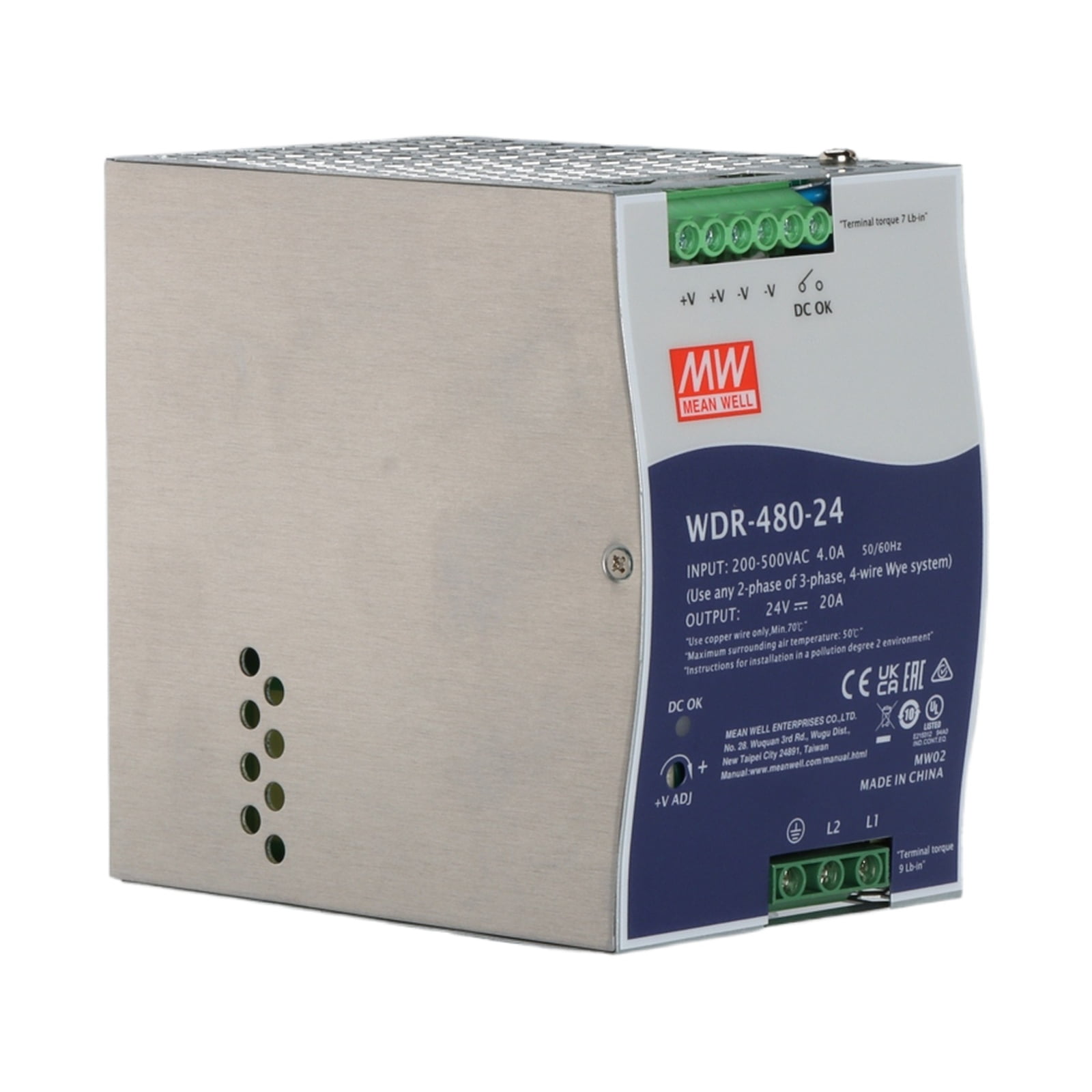 Feedannce 24V 20A 480W Industrial DIN Rail Switching Power Supply, MEAN WELL WDR-480-24 ...