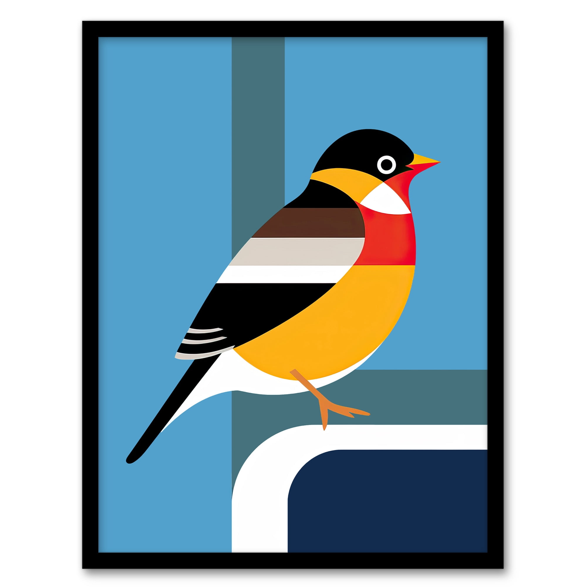 Feel Good Finch Robin Orange Blue Geometric Bird Graphic Artwork Framed ...
