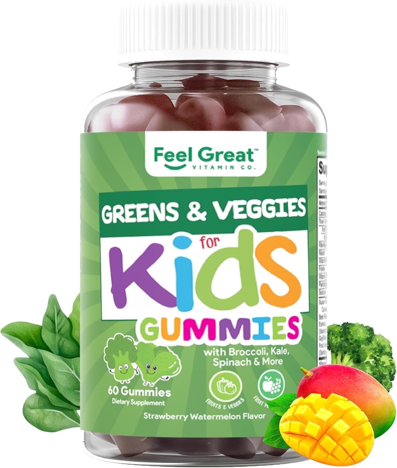 Feel Great Kids Super Greens Gummies, 60 ct, Vegan Watermelon Flavor ...