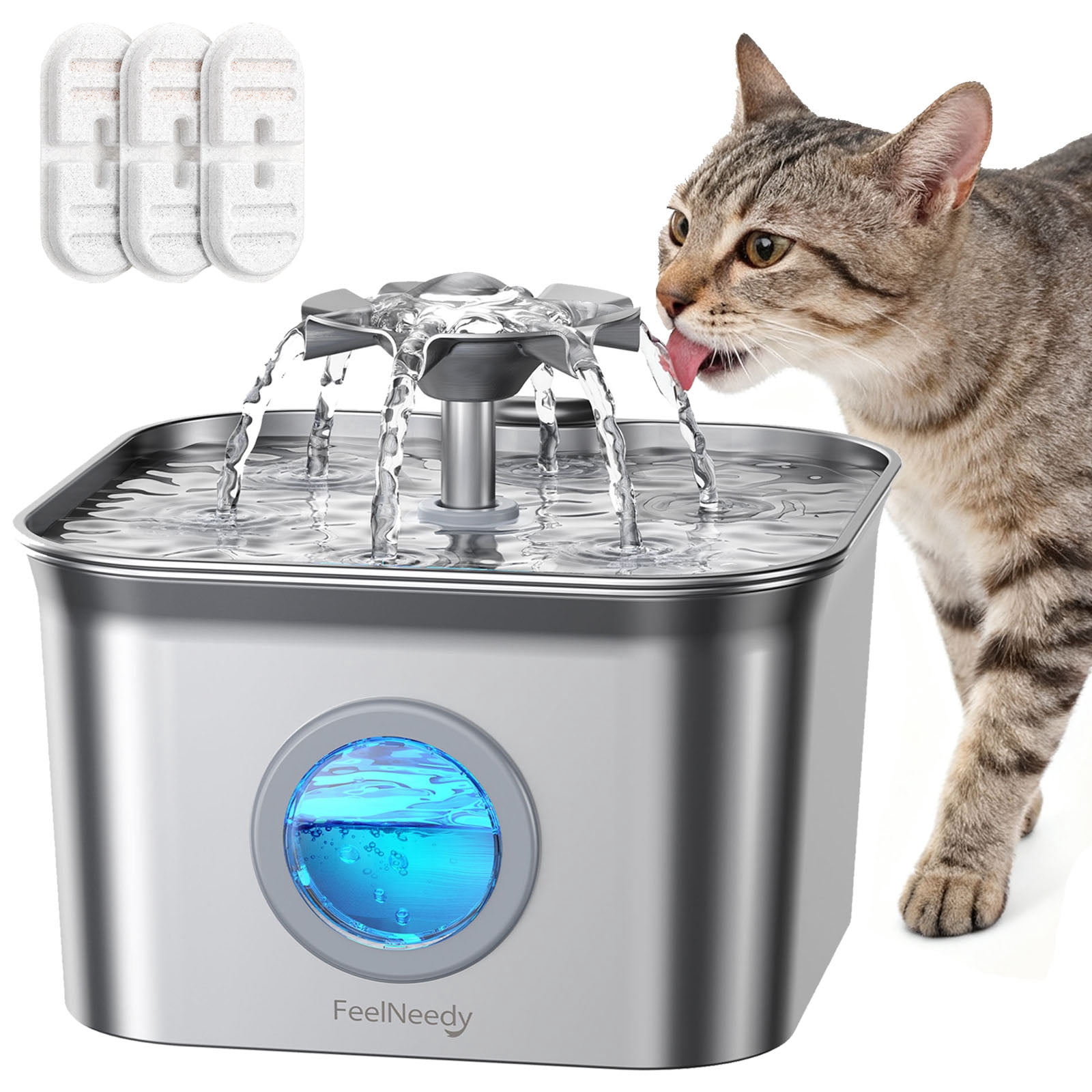 FeelNeedy Cat Water Fountain, 2.8L/95oz Stainless Steel with 3 Filters ...