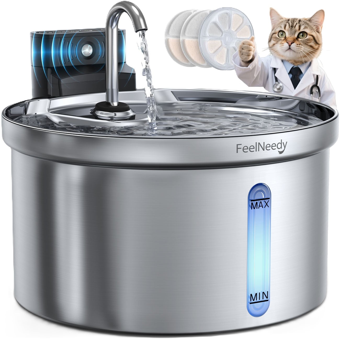Feelneedy Stainless Steel Cat Water Fountain Wireless 118oz 3.5L ...