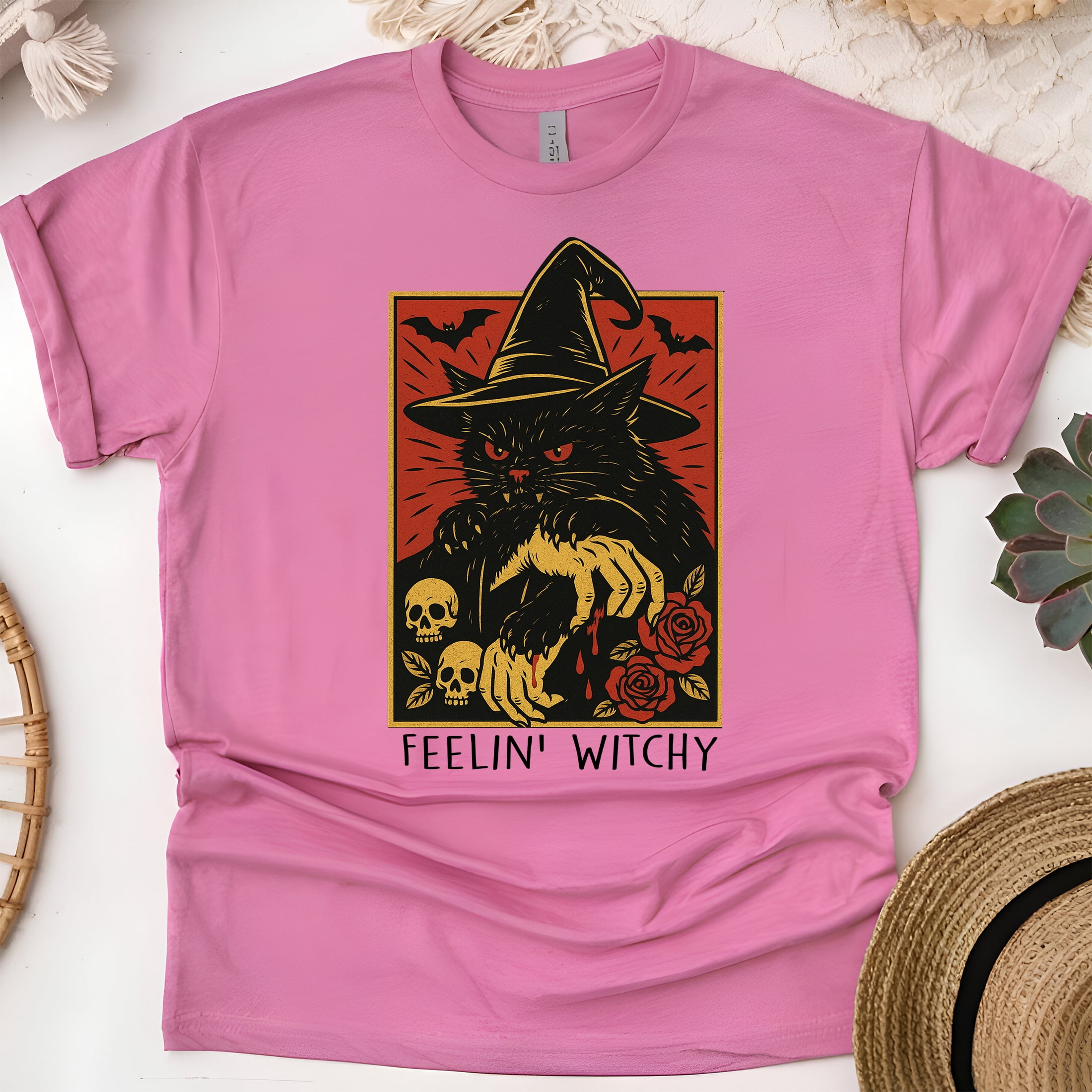Feelin' Witchy Shirt – Gothic Black Cat Witch Halloween Tee, Heliconia ...