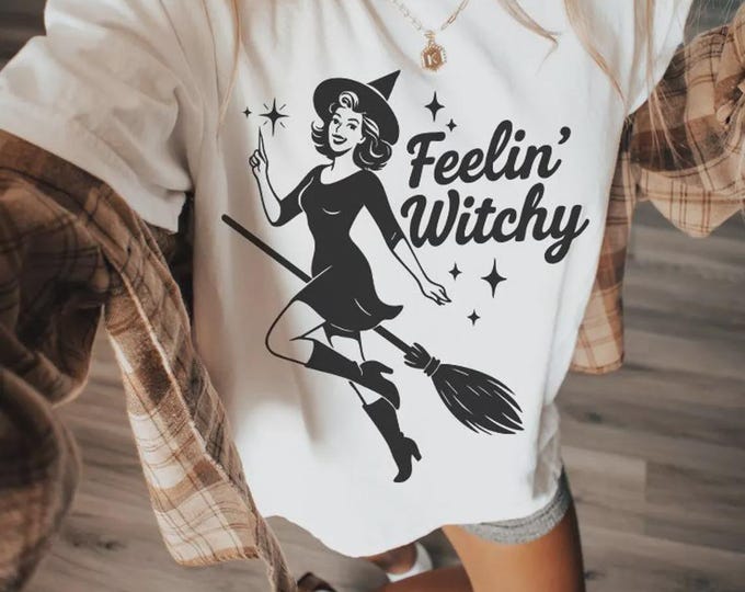 Feelin' Witchy Shirt – Retro Witch Tee – Cute Spooky Fall Graphic Shirt ...
