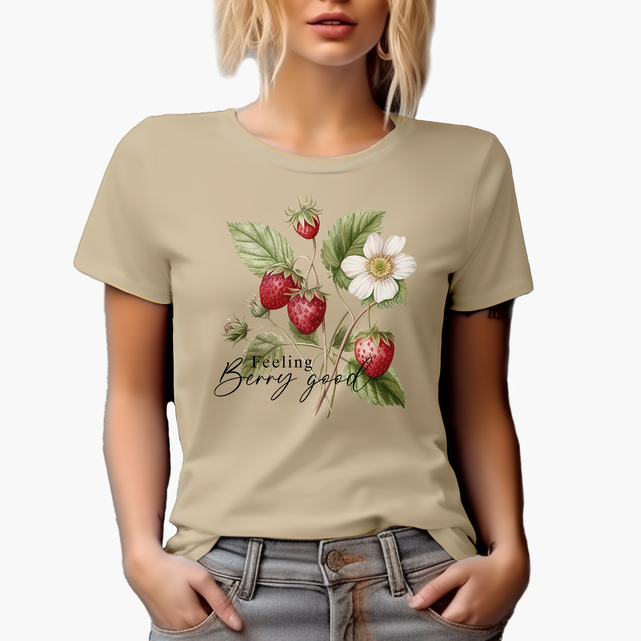 Feeling Berry Good Pun with Strawberries Art Merch Gift, Tan T-Shirt ...