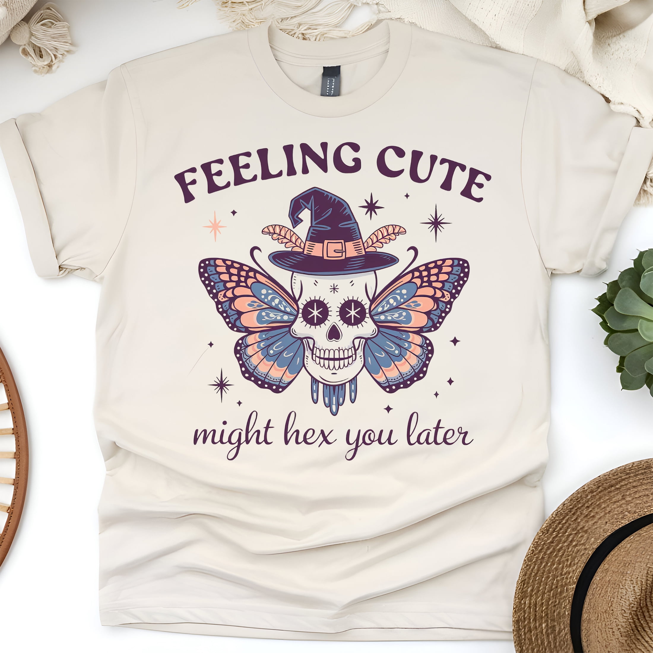 Feeling Cute Might Hex You Later Shirt Witch Skull Butterfly Tee ...