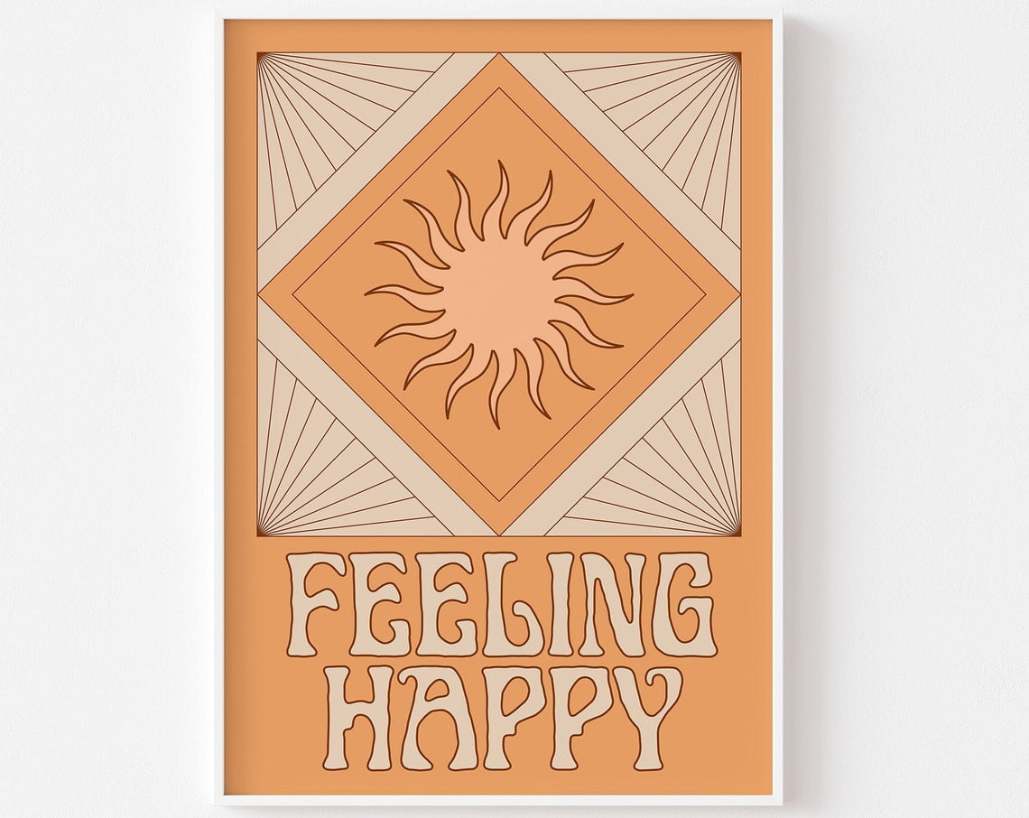 Feeling Happy Print - Retro Bohemian, Peach Earthy Colours, 70S Hippie ...