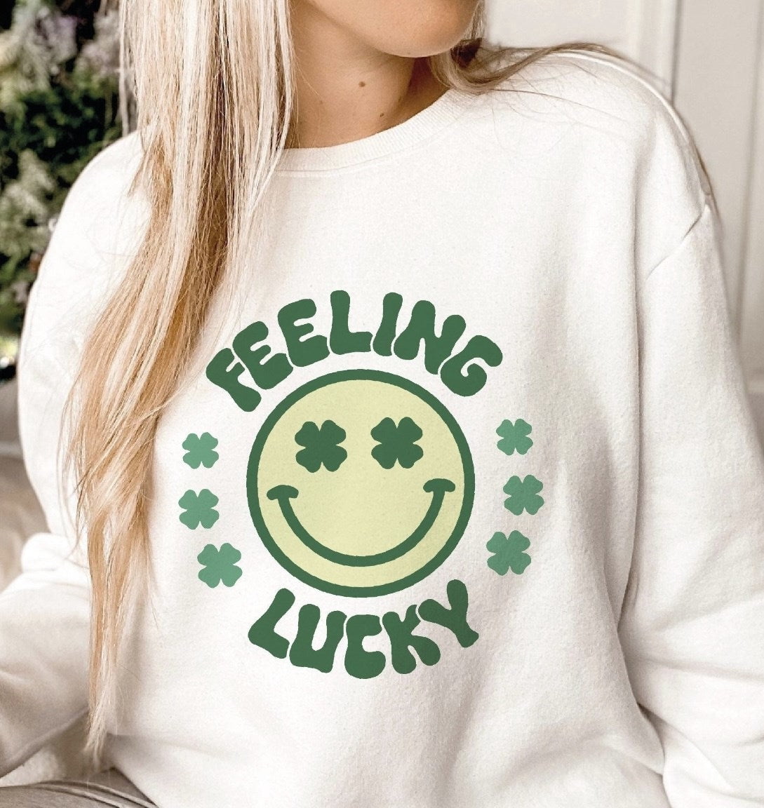 Feeling Lucky Clover Eyed Smiley Face Crew Sweatshirt - St. Patrick's ...