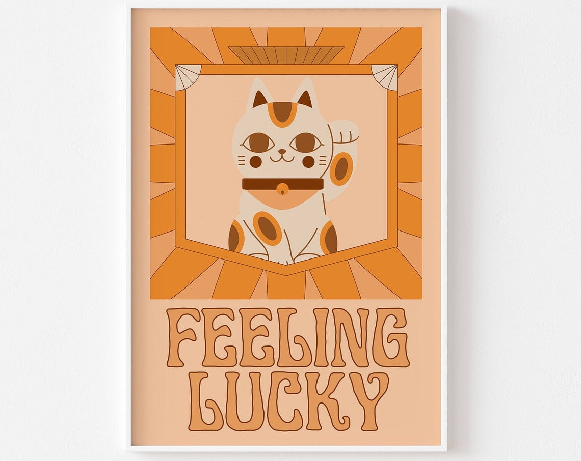Feeling Lucky Print - Retro Bohemian, Fortune Cat, Peach Earthy Colours ...