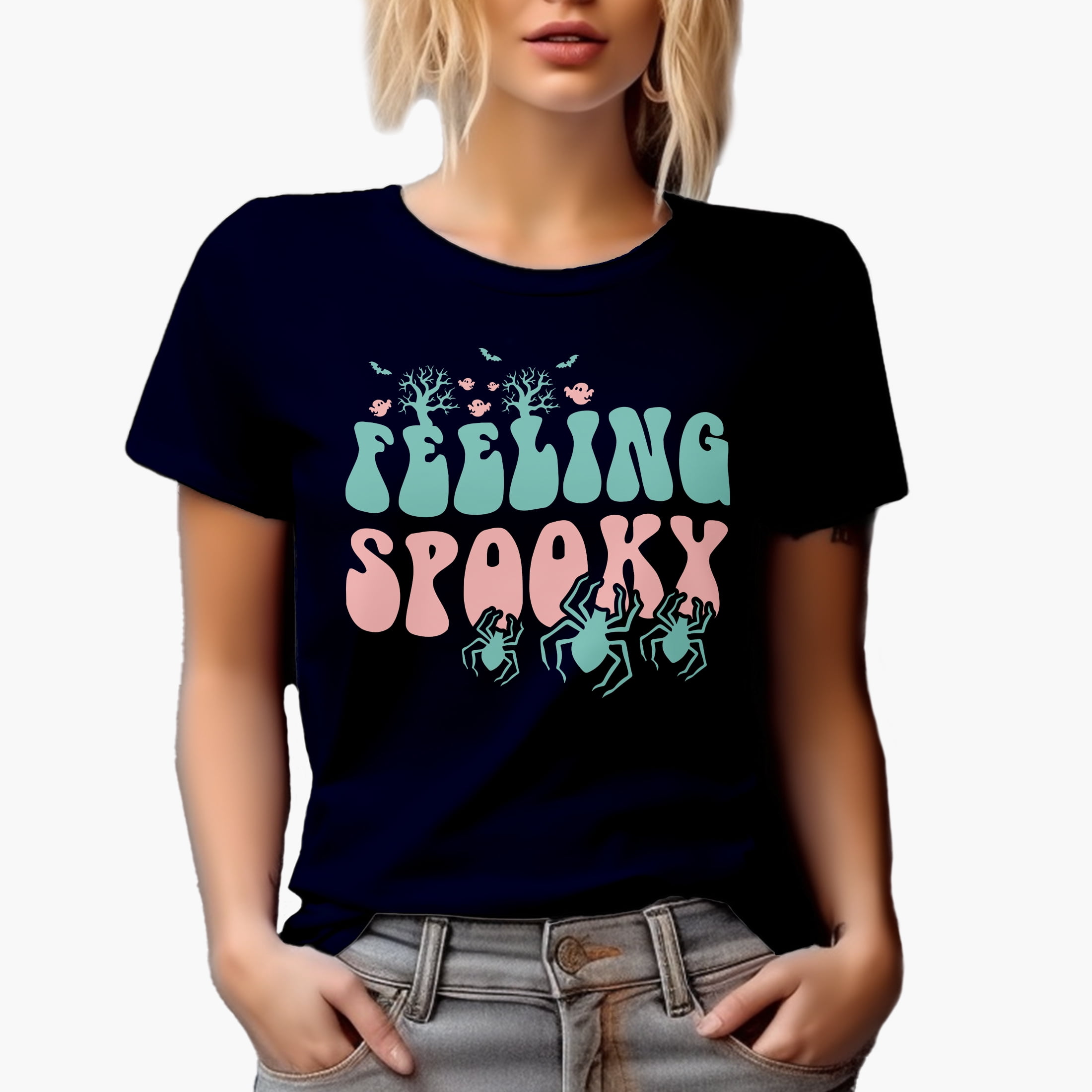 Feeling Spooky with Dead Trees & Spiders, Groovy Retro Wavy Text Merch ...