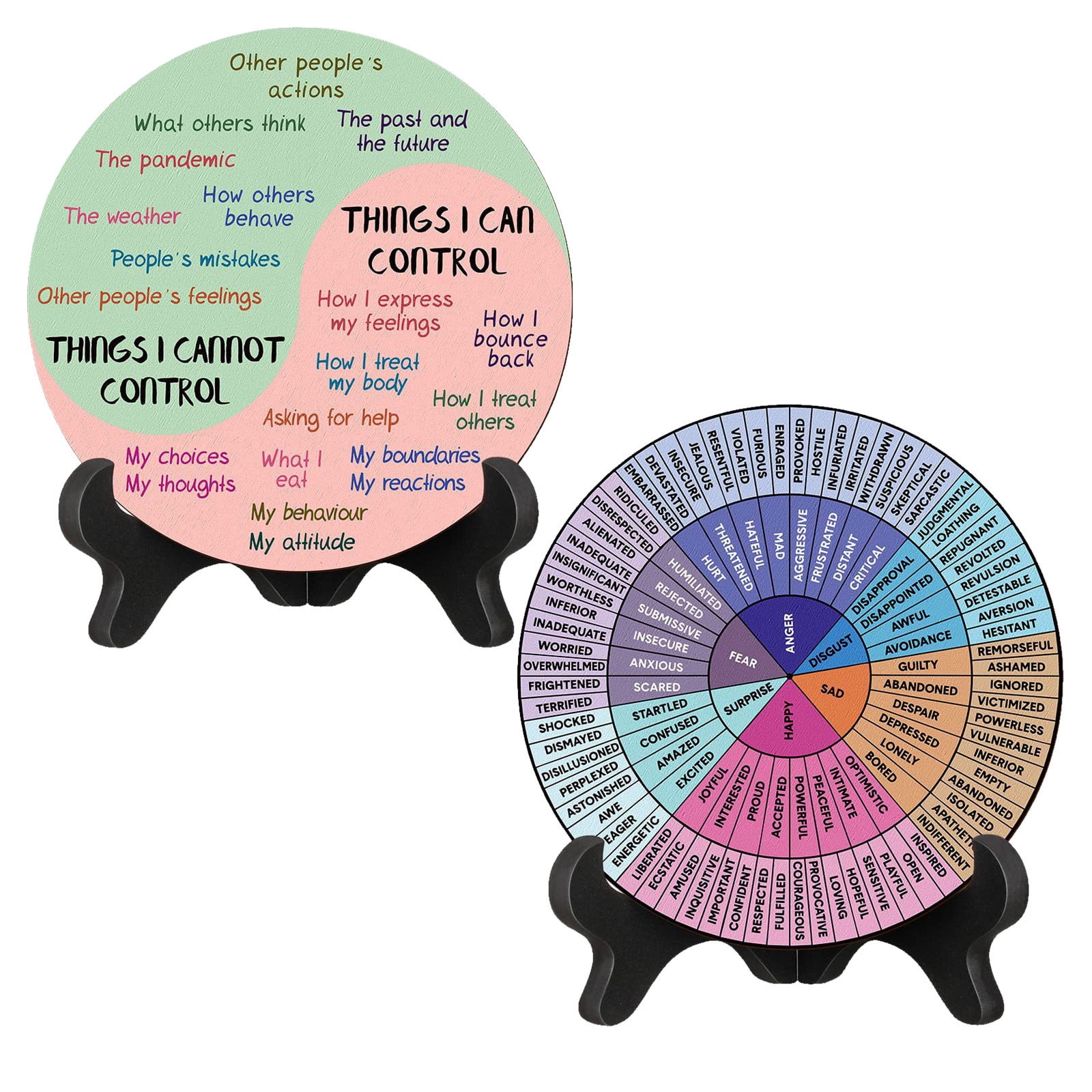 Feelings Wheel Chart with Stand 7 inch wooden Round Therapy Emotions ...