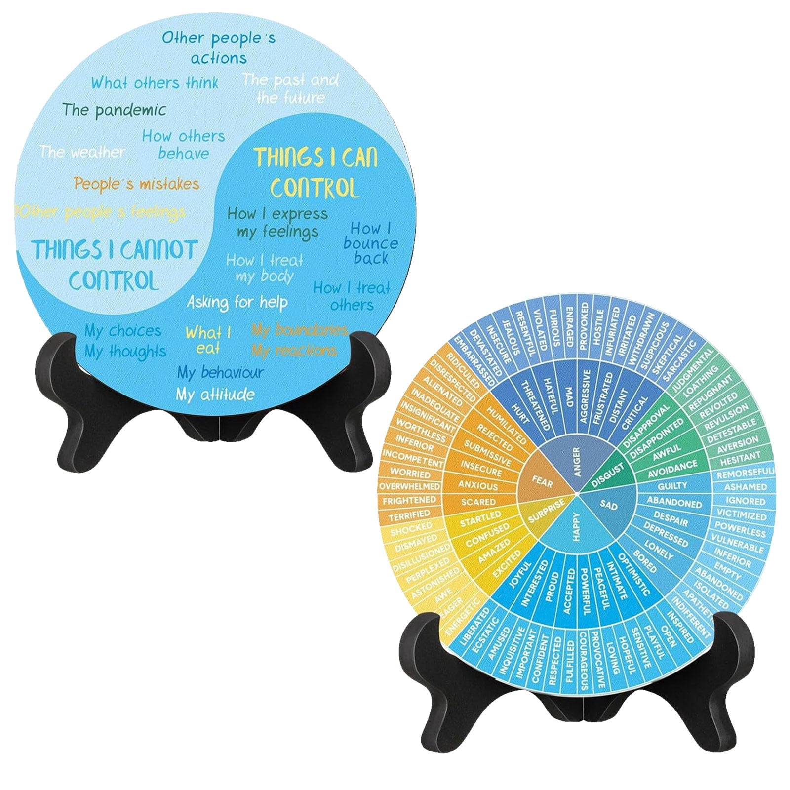Feelings Wheel Chart with Stand 7 inch wooden Round Therapy Emotions ...
