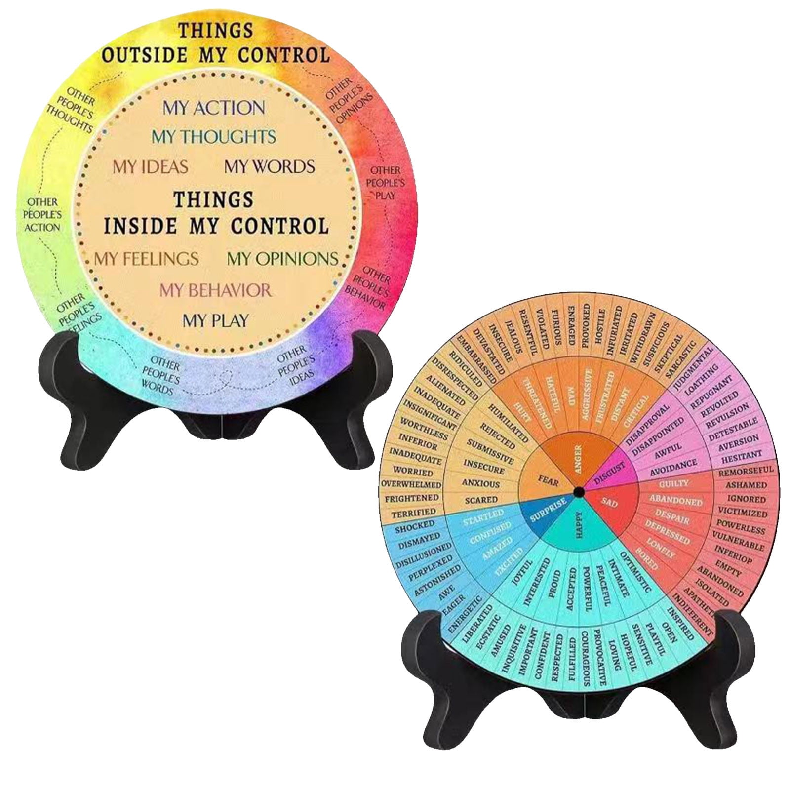 Feelings Wheel Chart with Stand 7 inch wooden Round Therapy Emotions ...