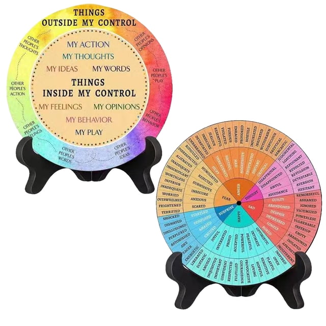 Feelings Wheel Chart with Stand 7 inch wooden Round Therapy Emotions ...