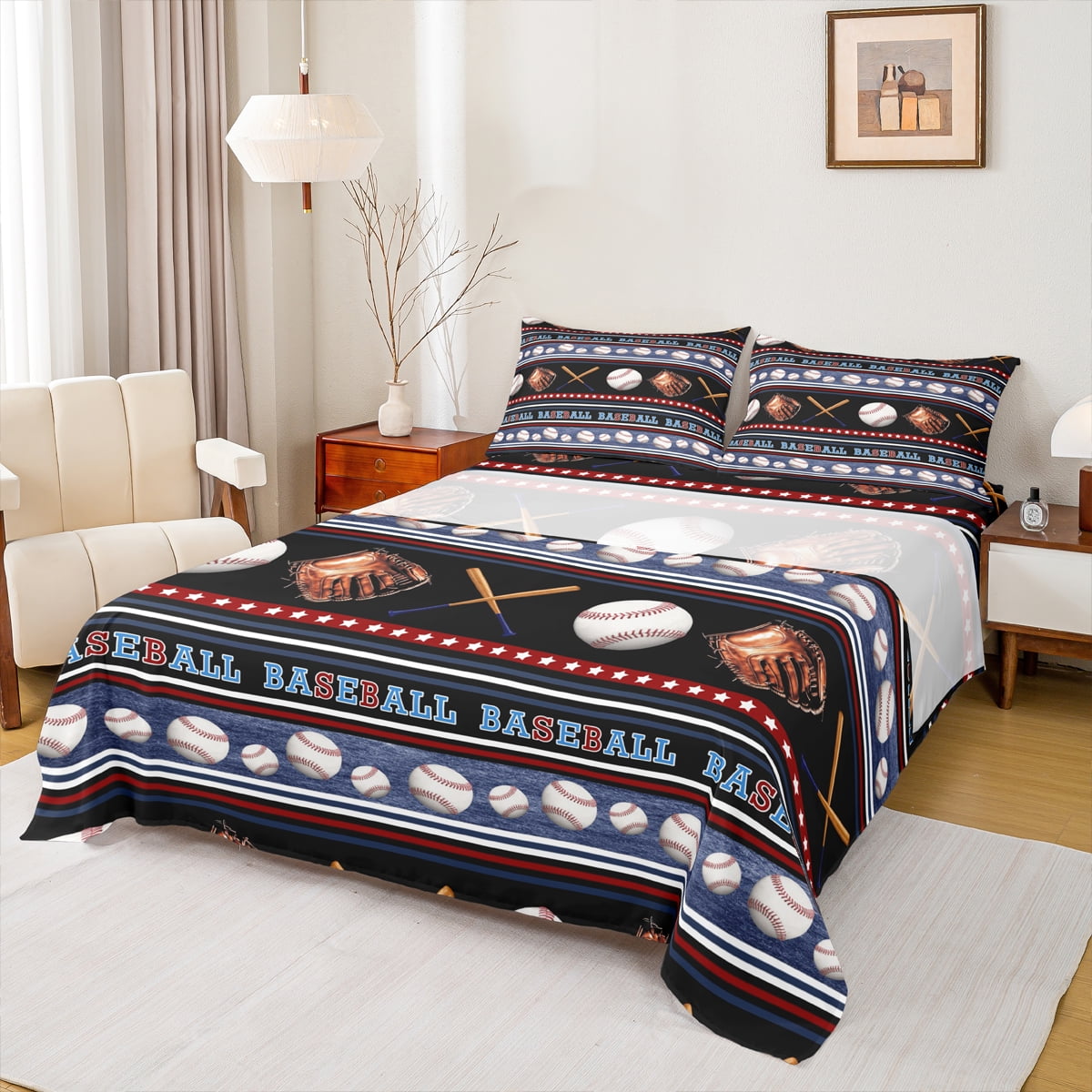 Feelyou 3D Baseball Sports Queen Sheet Sets for Teen, Cartoon Stars ...