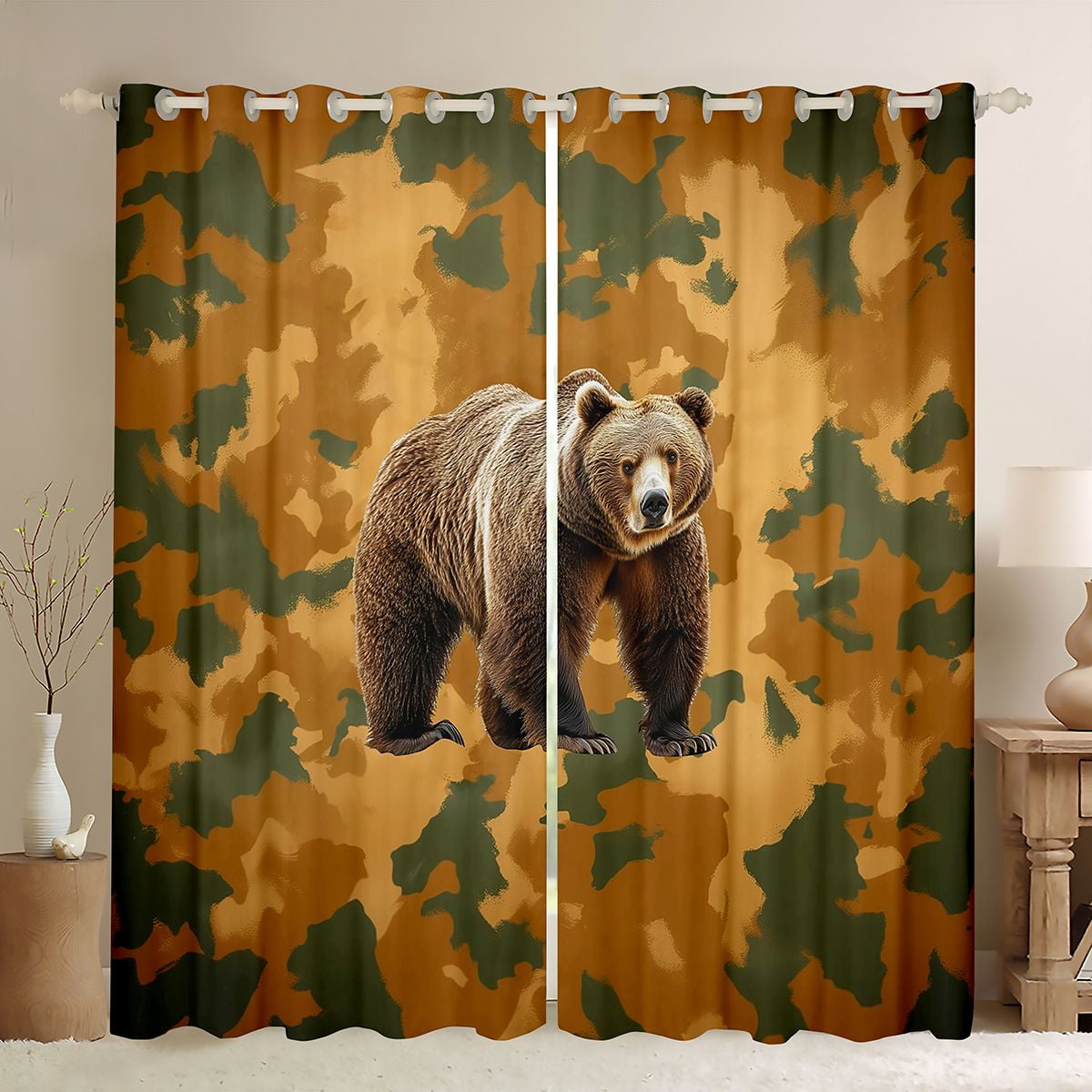 Feelyou 3D Bear Black Out Curtains, Orange Green Camo Curtains Pack of ...