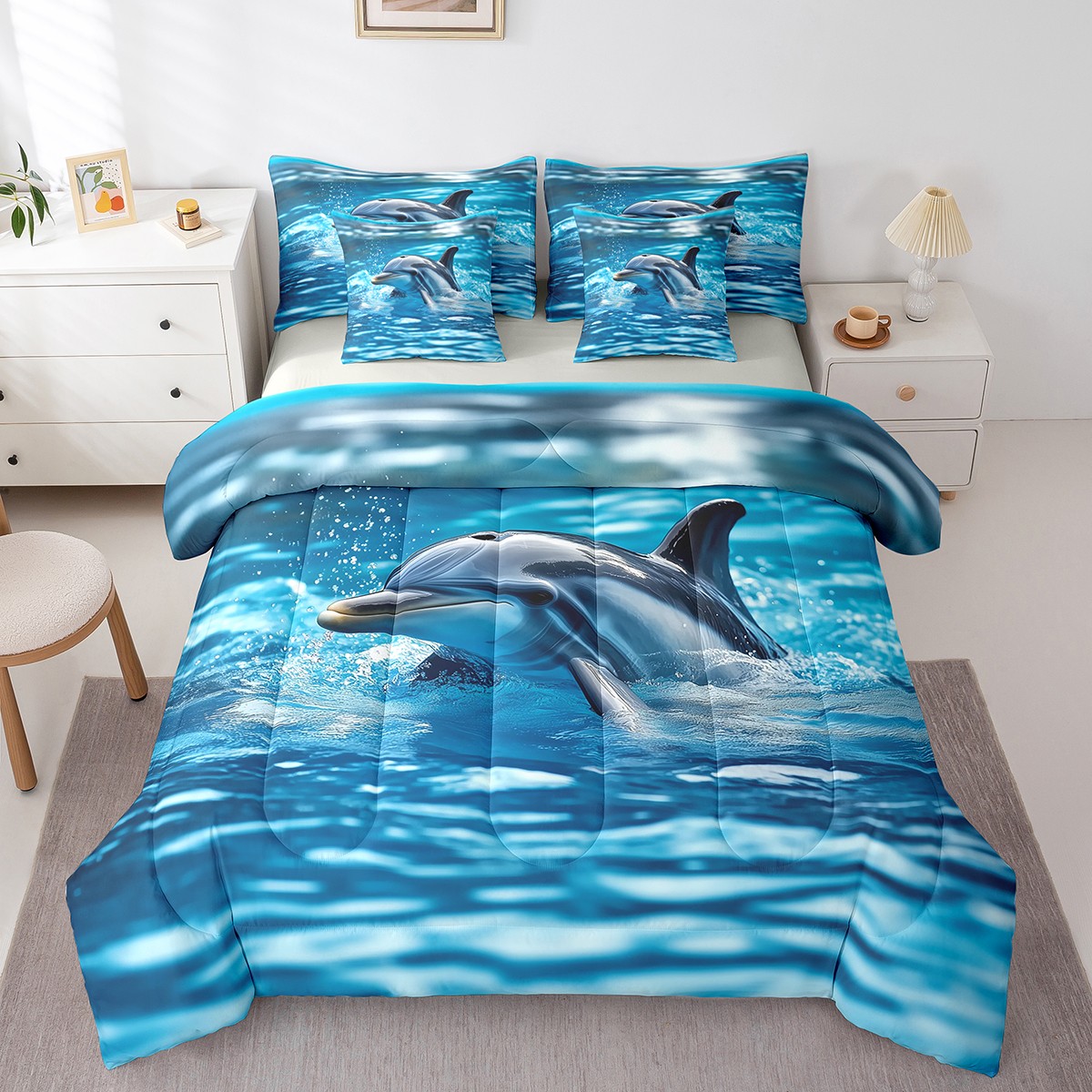 Feelyou 3D Dolphin Teens Bedding Comforter Set 7pcs, Kawaii Blue ...