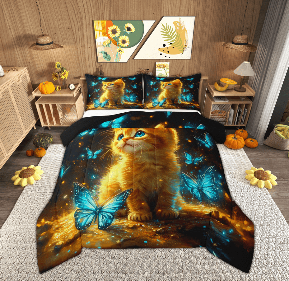 Feelyou 3D Gold Cat Bedding Comforter Set, Romantic Neon Butterfly Twin ...