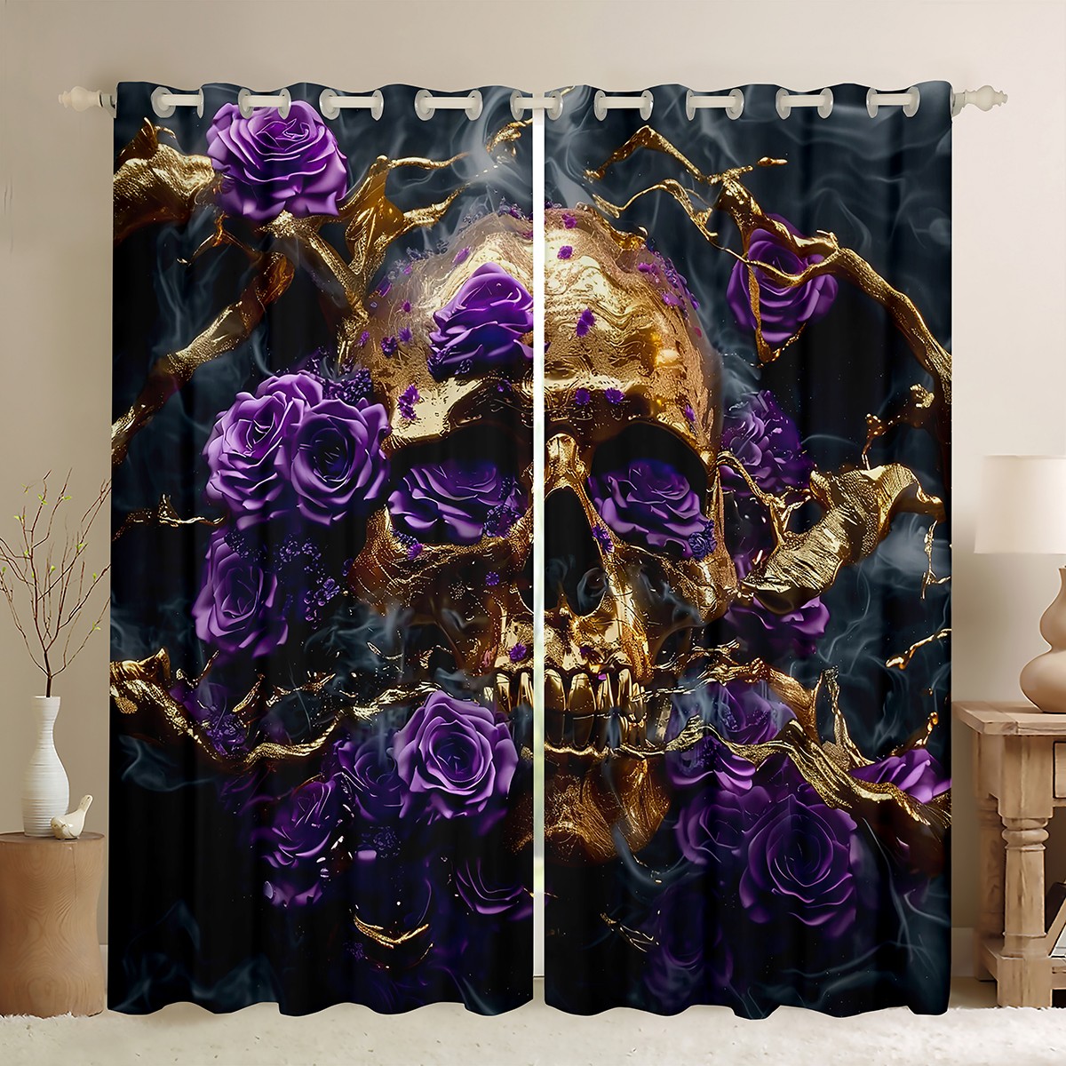 Feelyou 3D Gold Skeleton Curtains Pack of 2 (42x84 Each) for Teens ...