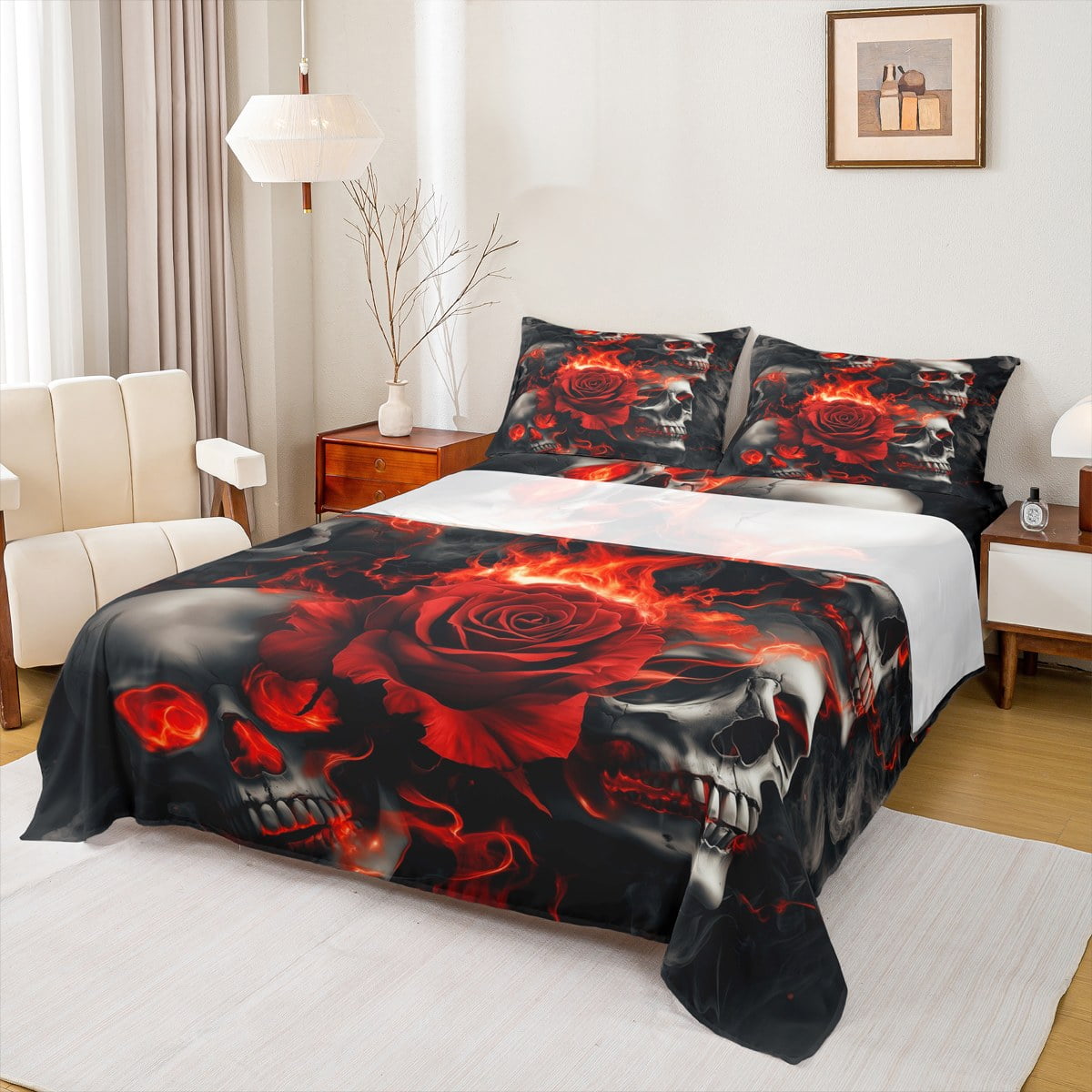 Feelyou 3D Gothic Skull Bed Sheets for Couple, Romantic Red Rose King ...