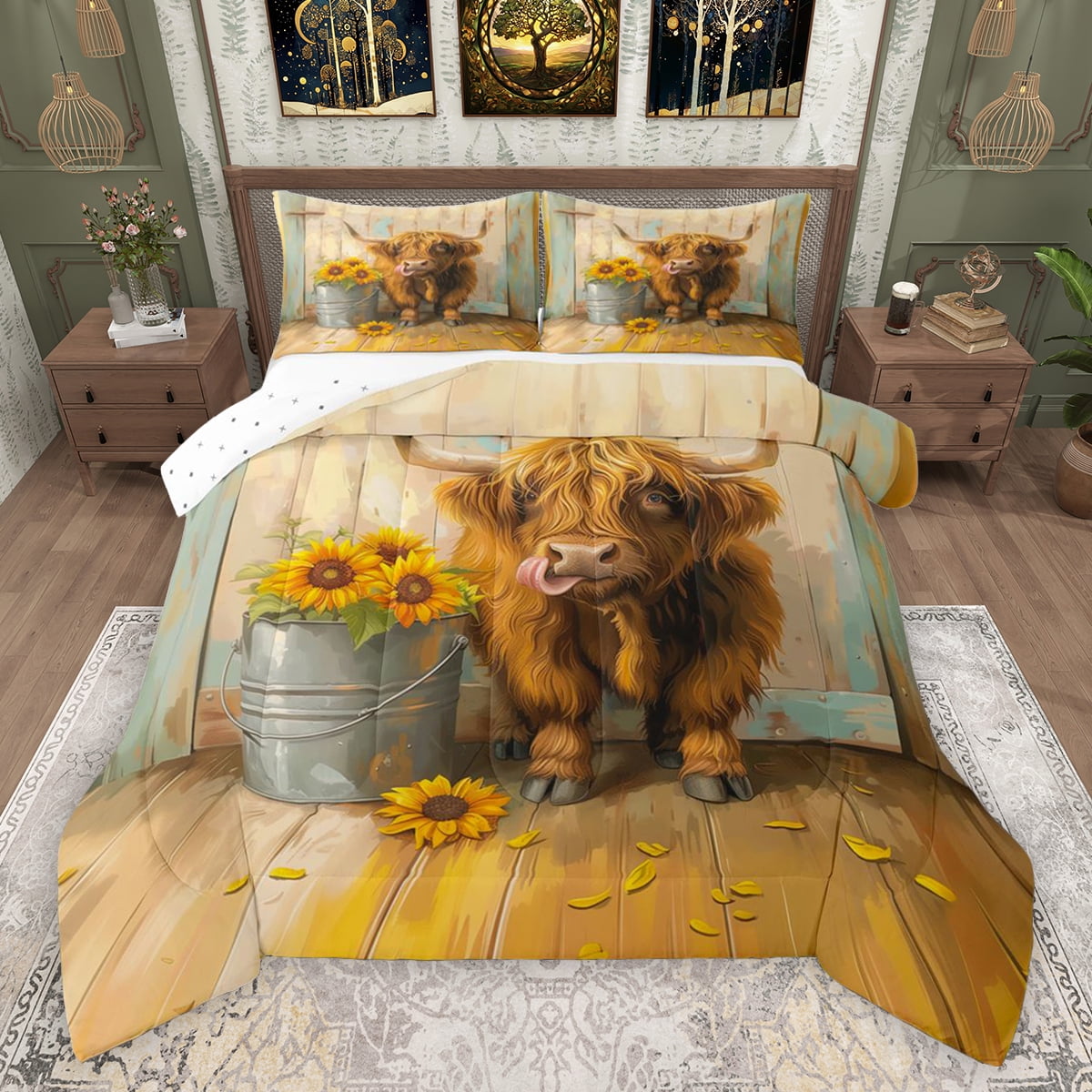 Feelyou 3D Highland Cattle Bedding Comforter Set, Vintage Sunflower ...