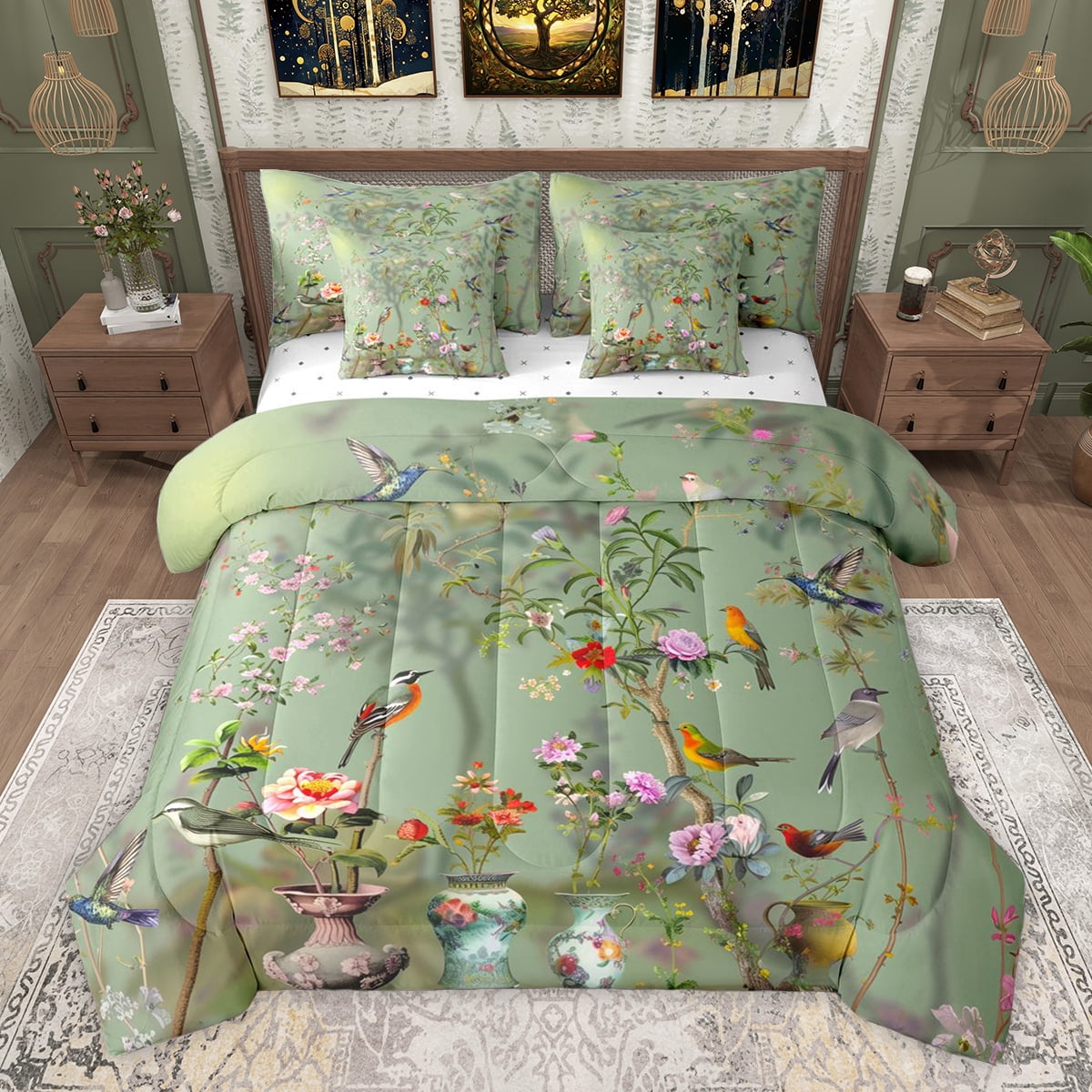 Feelyou 3D Hummingbird Teens Bedding Comforter Set 7pcs, Chinese Peony ...