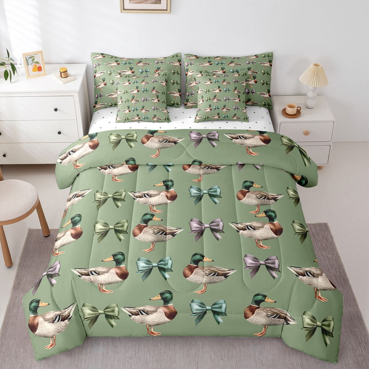 Feelyou 3D Jungle Duck Bedding Comforter Set 7pcs, Green Bowknot Ribbon ...