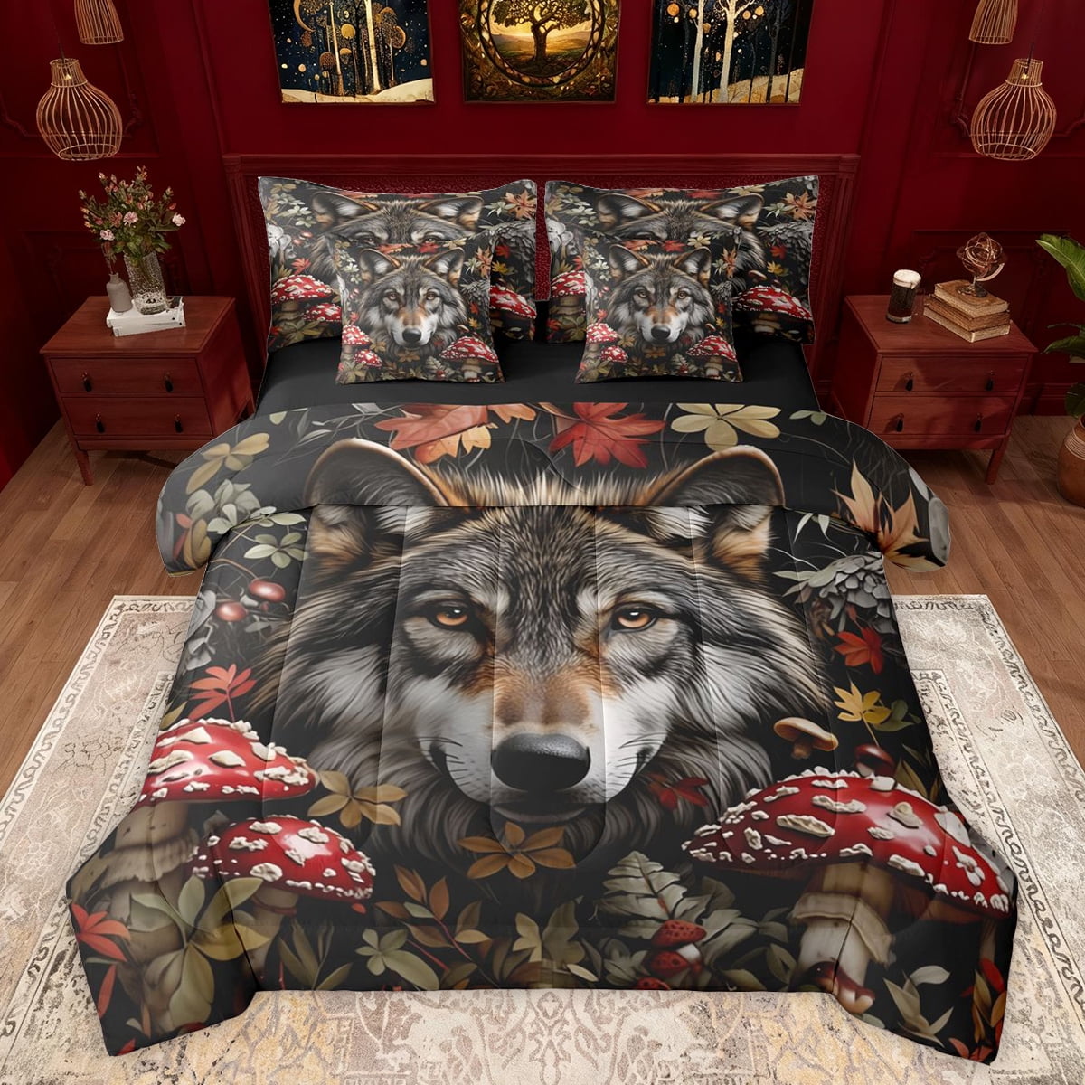 Feelyou 3D Jungle Wolf Twin Bedding Sets 7-Piece, Mushroom Leaf ...