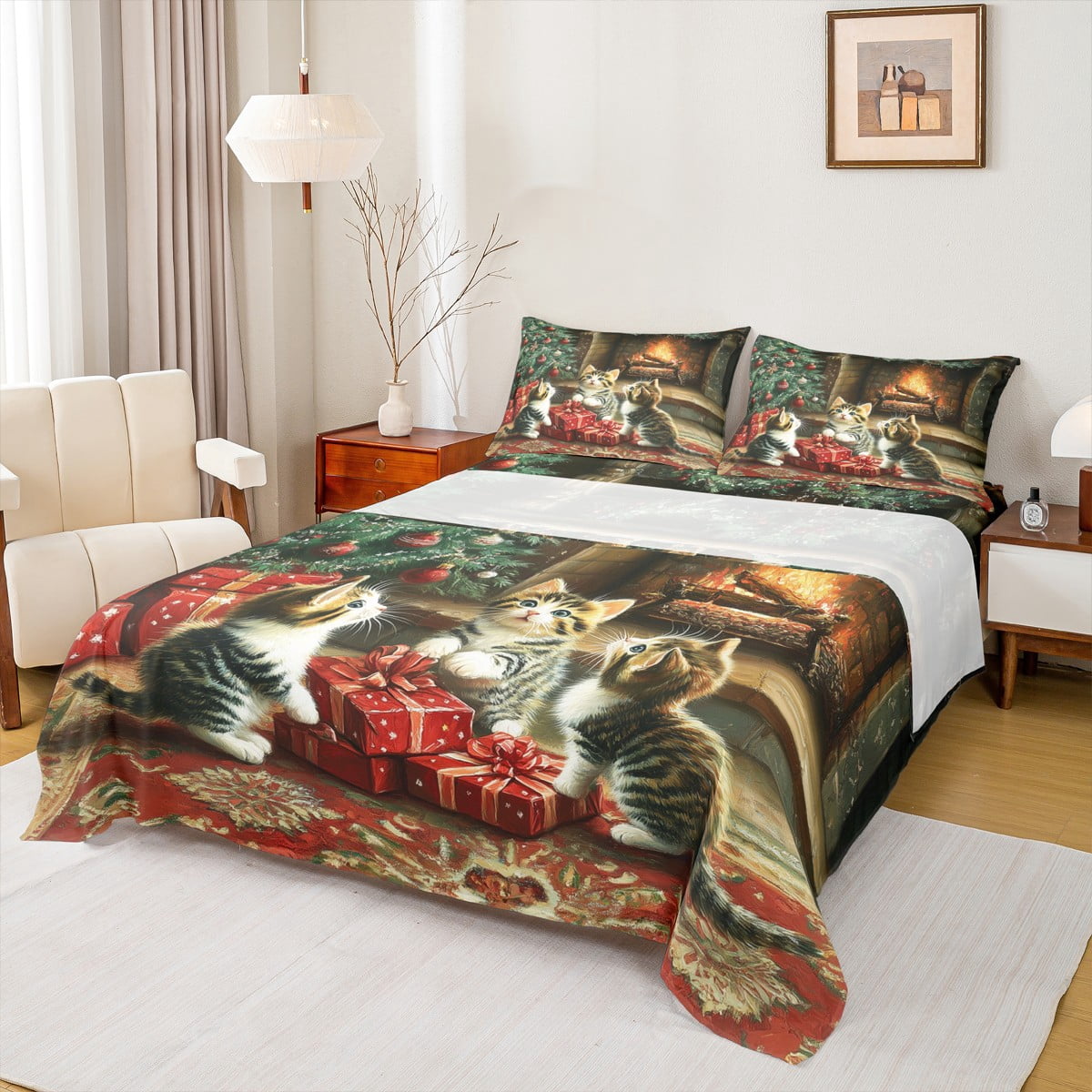 Feelyou 3D Kawaii Cat Queen Sheet Sets for Child, Western Christmas ...