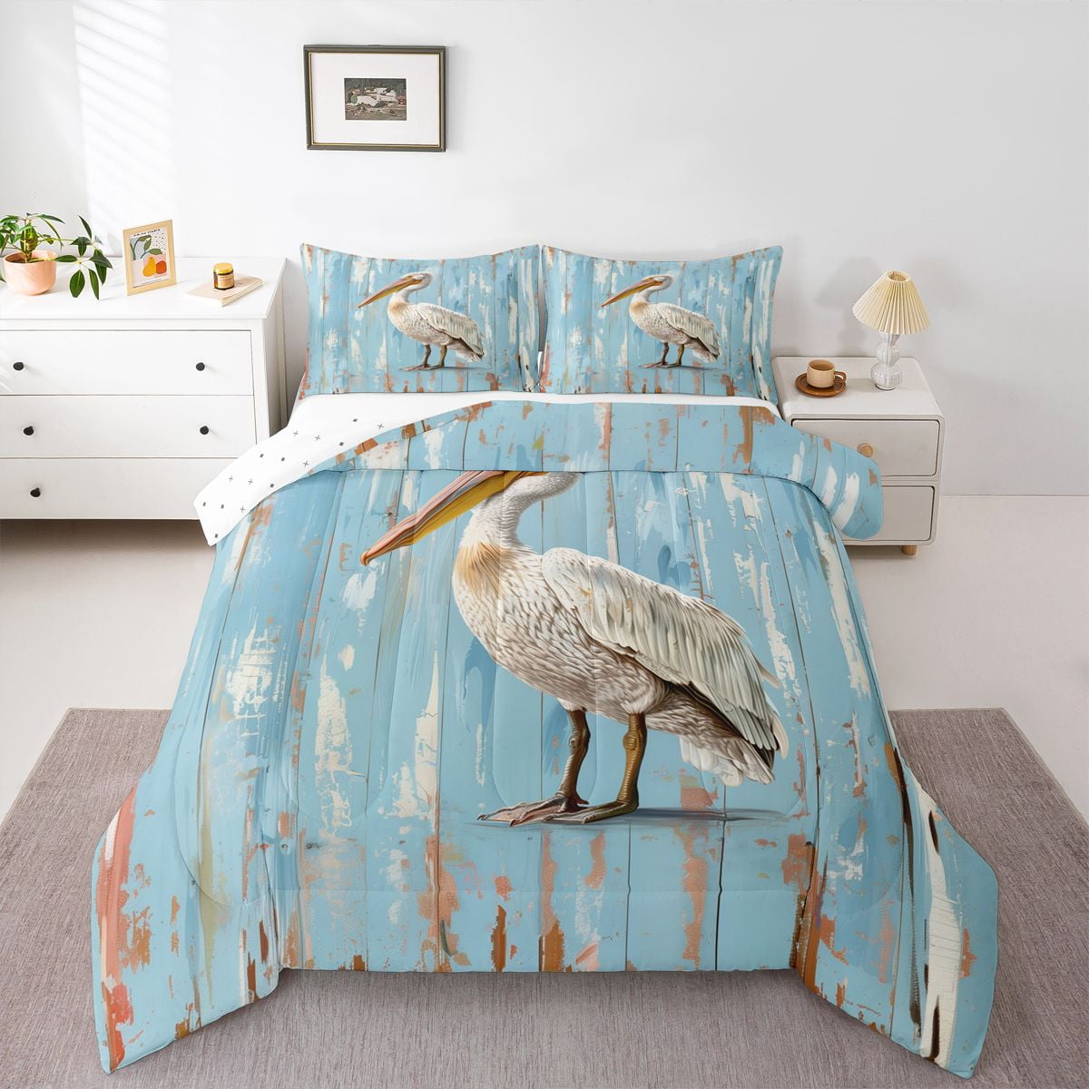Feelyou 3D Pelicans Kids Full Size Comforter Sets, Blue Wooden Plank ...
