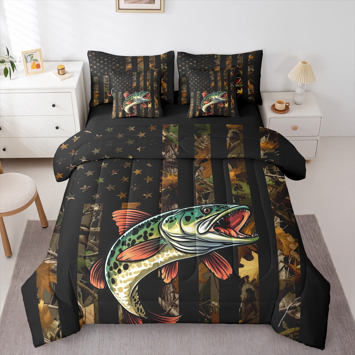 Feelyou 3D Pike Fish Bedding Comforter Set 7 Pieces for Teens, Branches ...