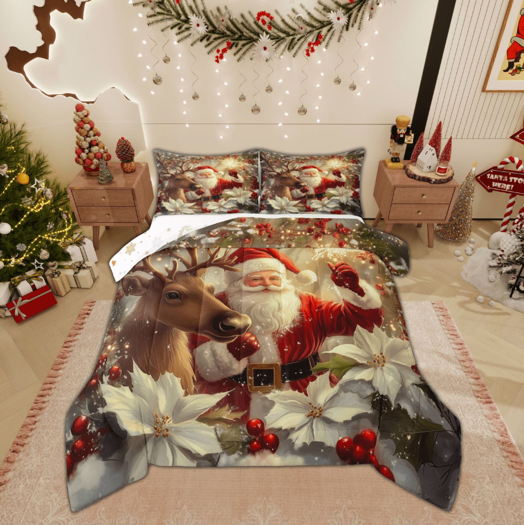 Feelyou 3D Santa Claus Queen Comforter Set, Rustic Reindeer Flower ...
